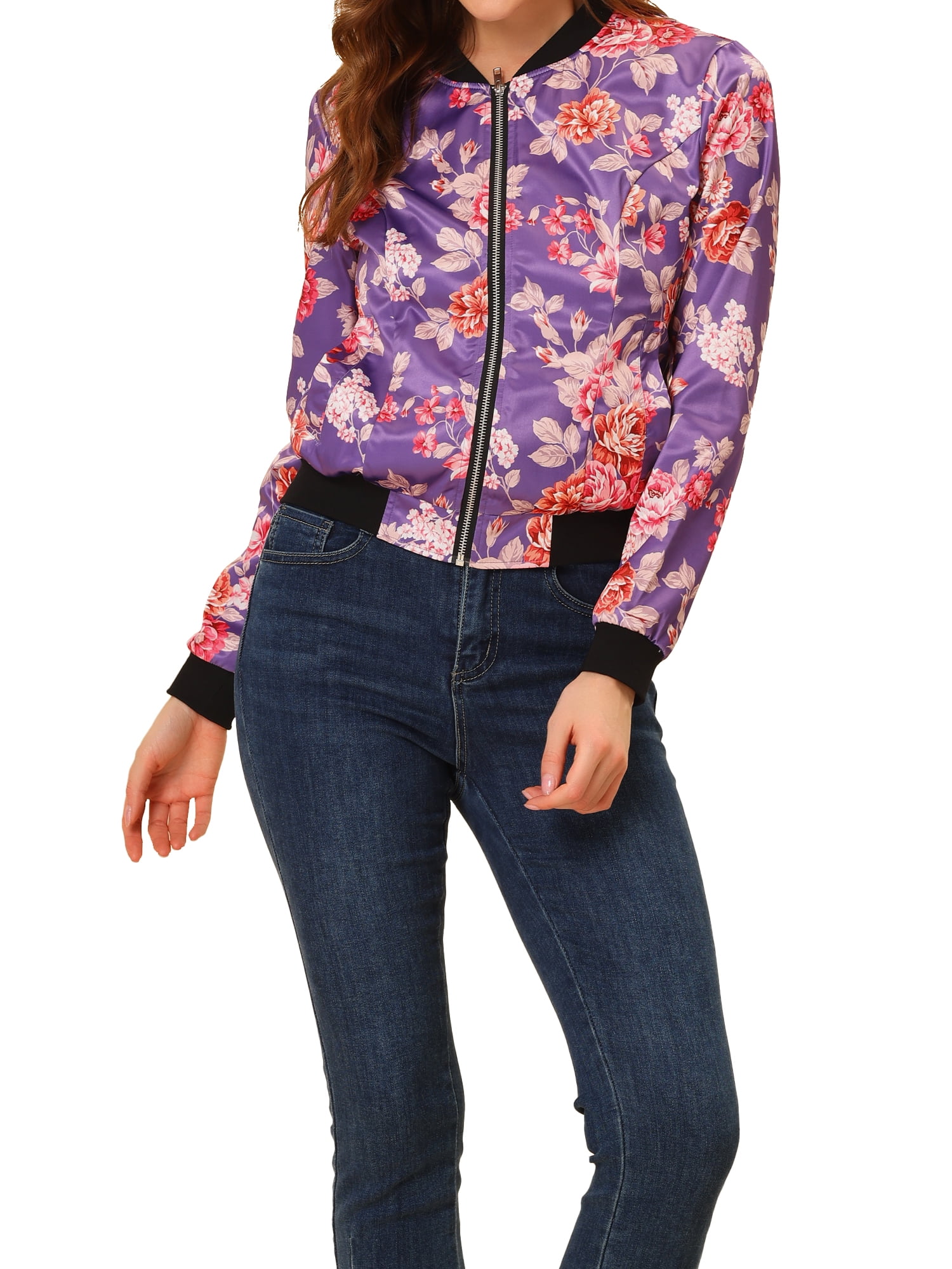 Allegra K Women's Winter Bomber Jacket Long Sleeve Stand Collar Zipper ...