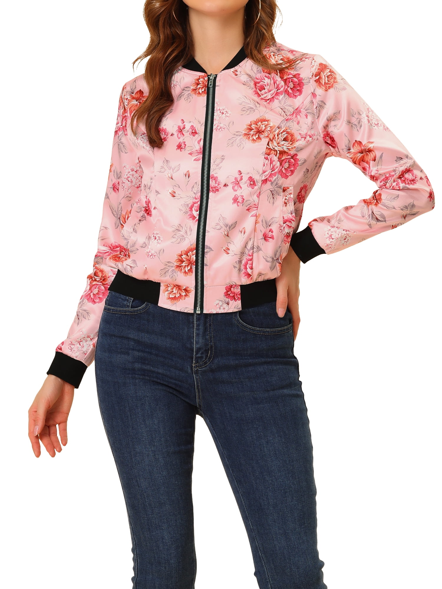 Women's Bomber Jacket Satin Long Sleeve Zipper Floral Print Casual Fall ...