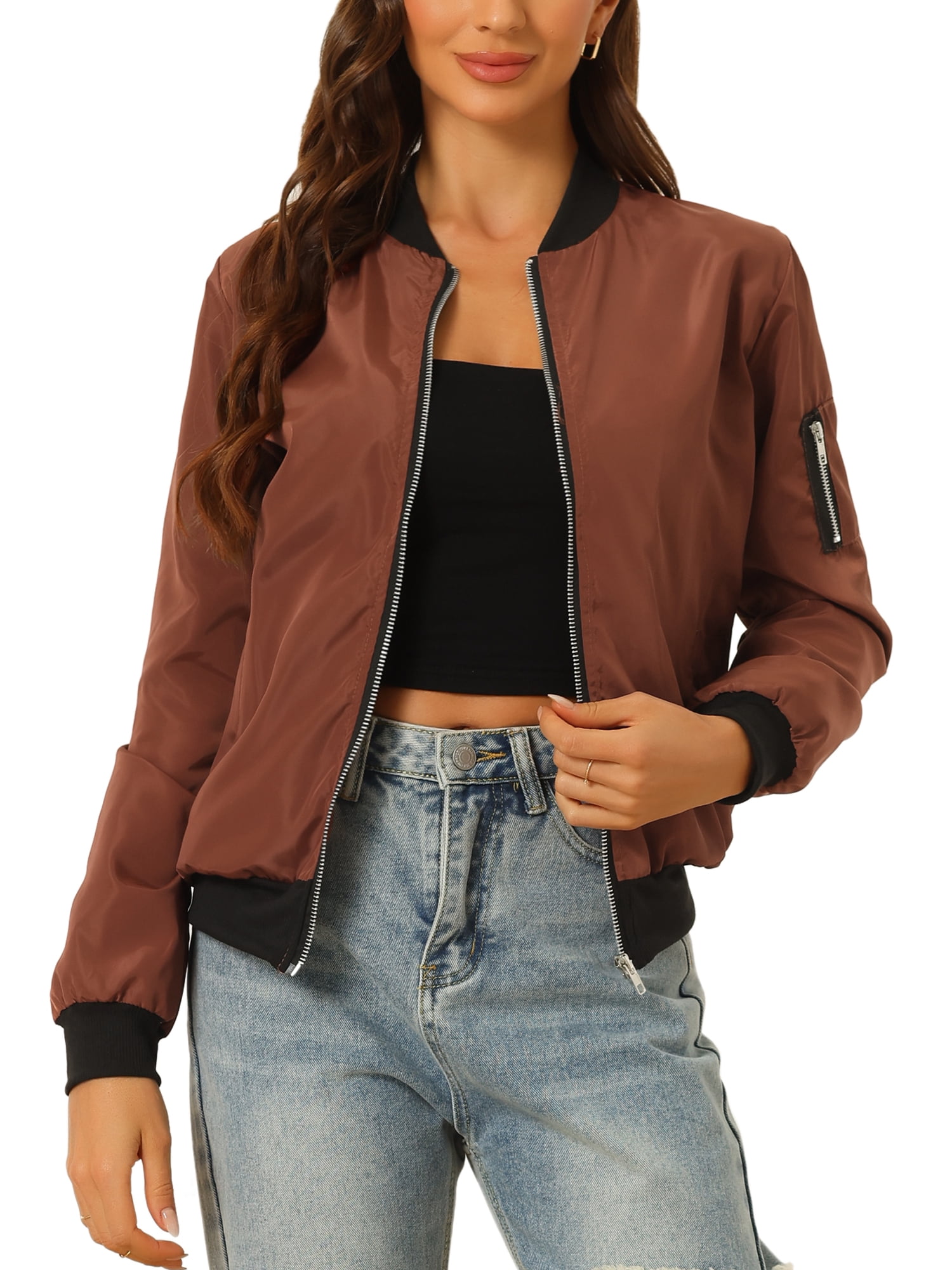 Allegra K Women's Standing Collar Long Sleeve Full Zip up Short Bomber ...