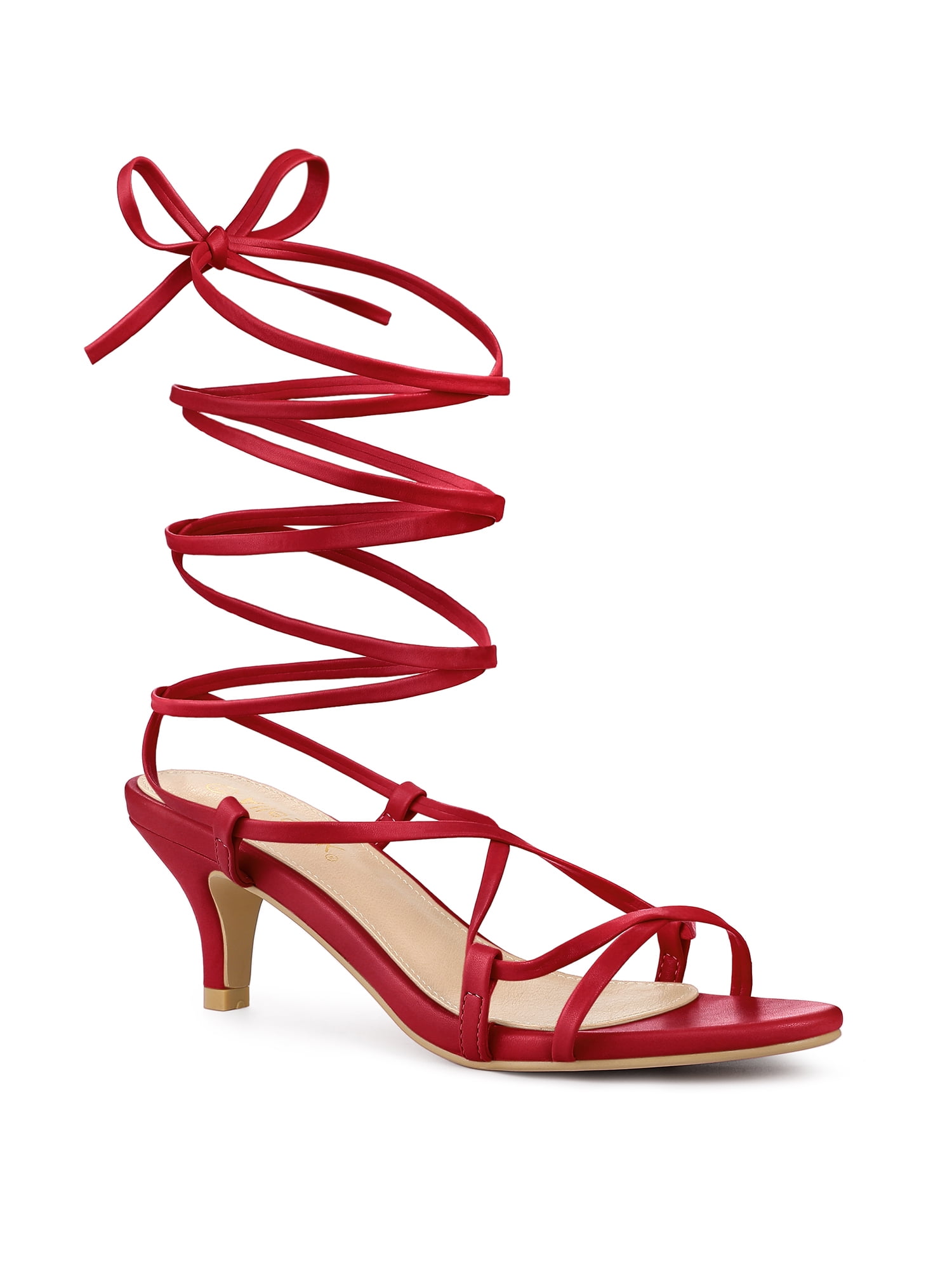 BLISSFUL STEP Women's Strappy Lace Up Kitten Heels Sandals Red (Size 9 ...