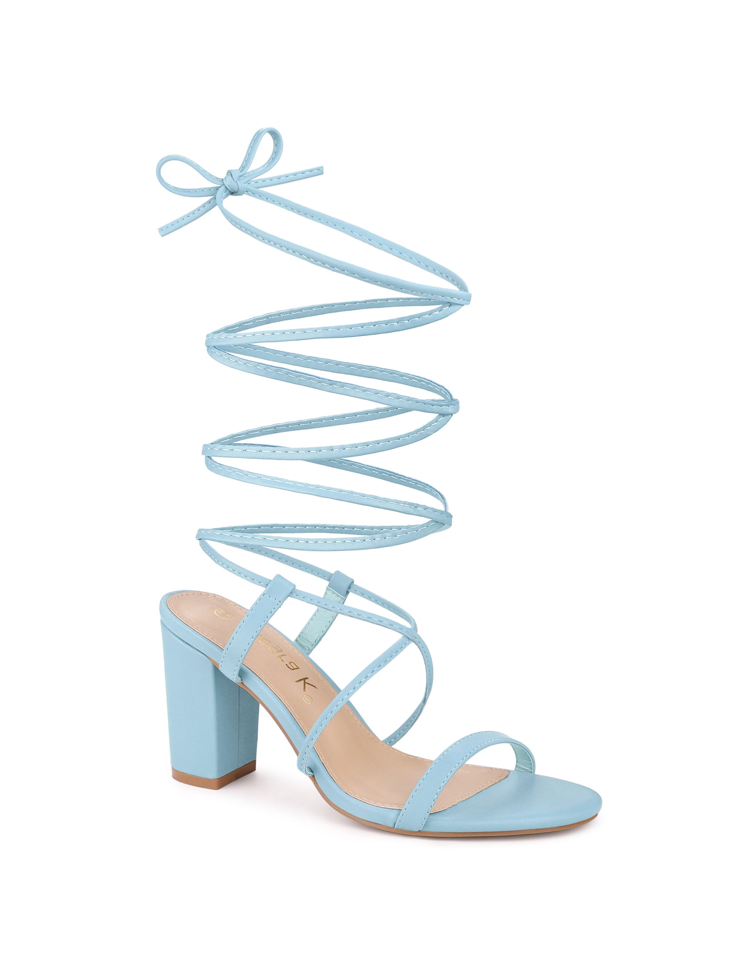 BLISSFUL STEP Women's Strappy One Strap Lace Up Block Heels Sandals Sky ...