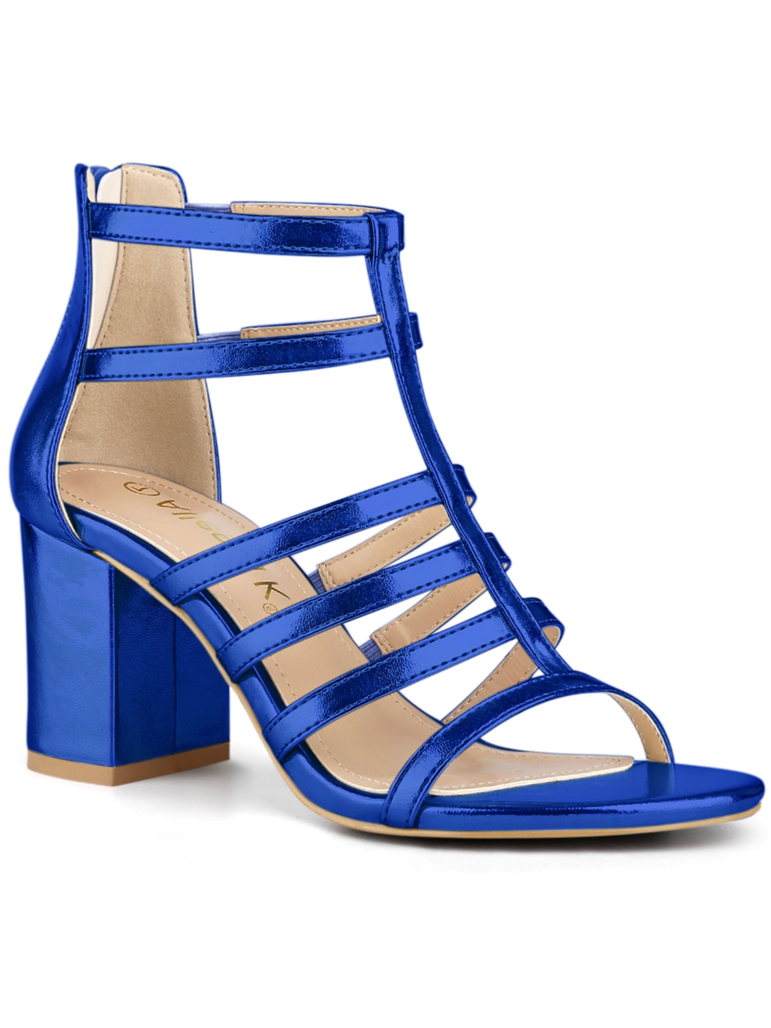 BLISSFUL STEP Women's Shoes Strappy Roman Block Heel Sandals Deep Blue ...