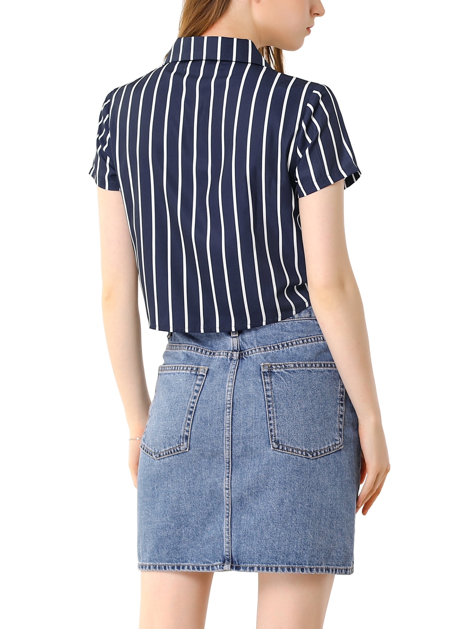 INSPIRE CHIC Women's Stripe Button up Short Sleeve Tie Front Short ...