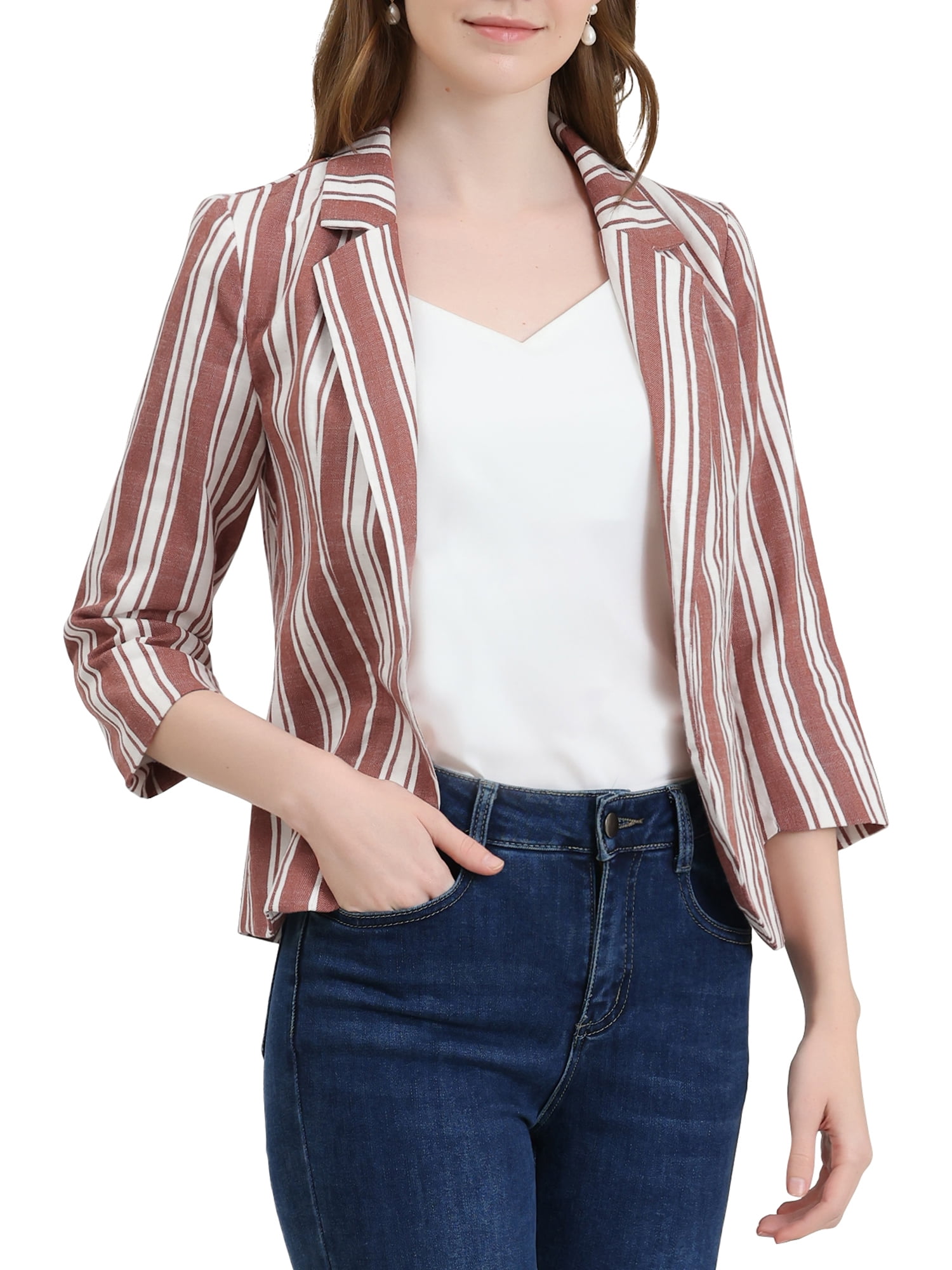 INSPIRE CHIC Women's Striped Blazer 3/4 Sleeves Casual Open Front Notched Lapel Blazer XL Brown ...