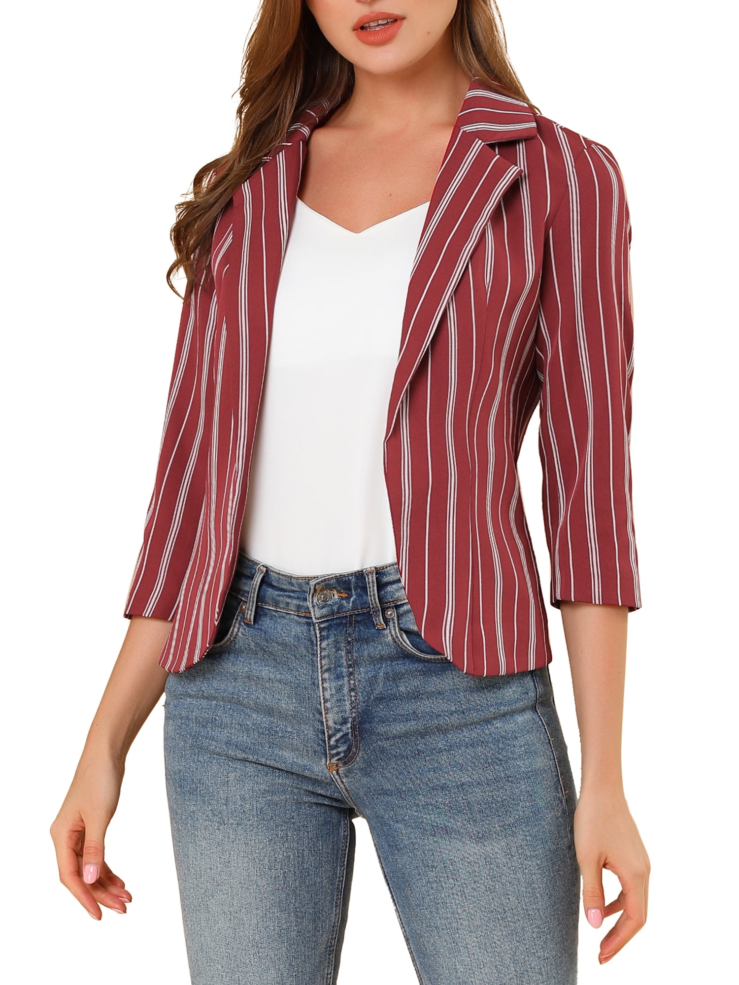 Allegra K Women's Striped 3/4 Sleeves Open Front Blazer XS Red - Walmart.com