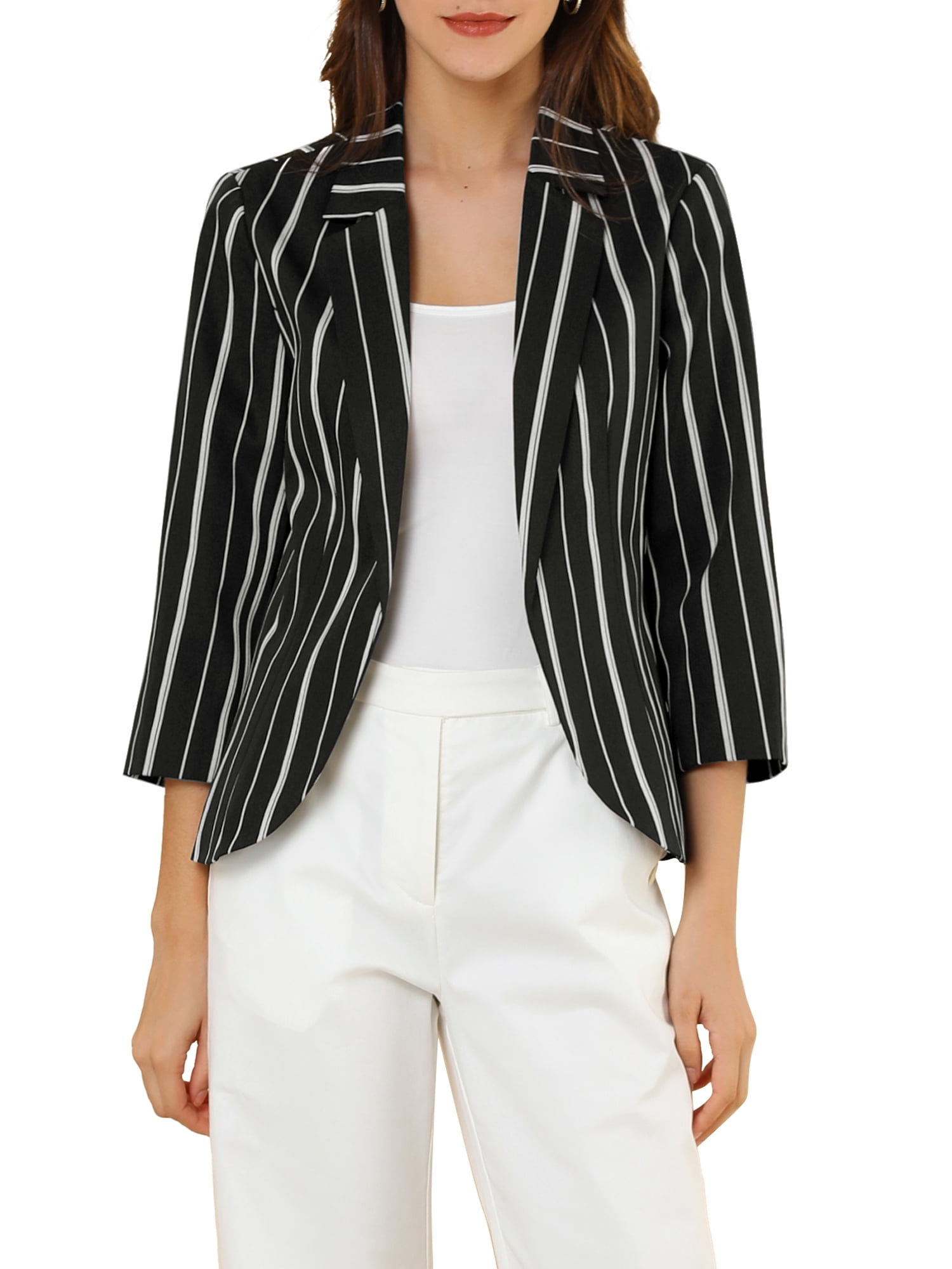 INSPIRE CHIC Women's Striped Blazer 3/4 Sleeves Casual Open Front Notched Lapel Blazer M Dark ...