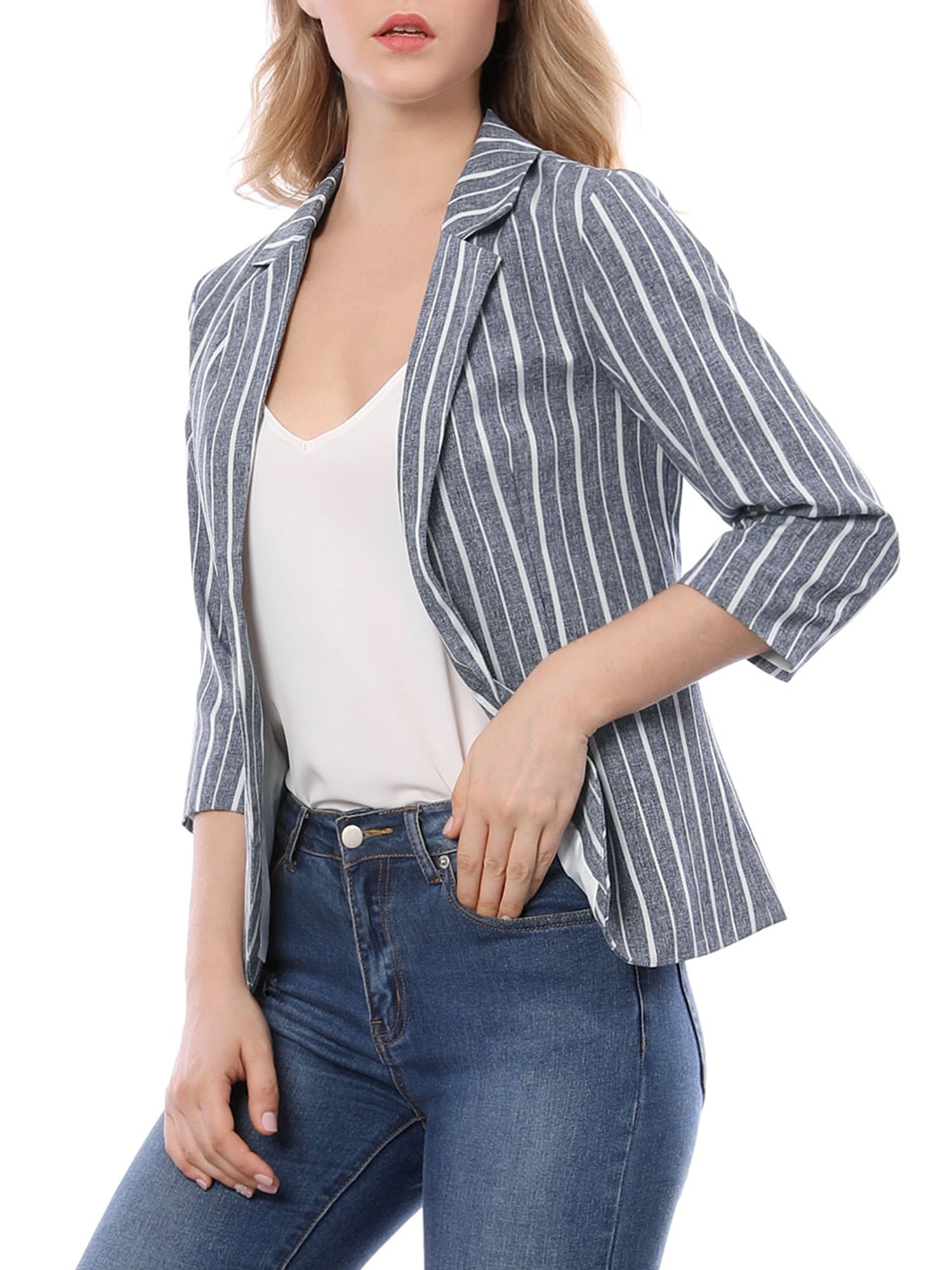 Allegra K Women's Striped 3/4 Sleeves Open Front Blazer - Walmart.com