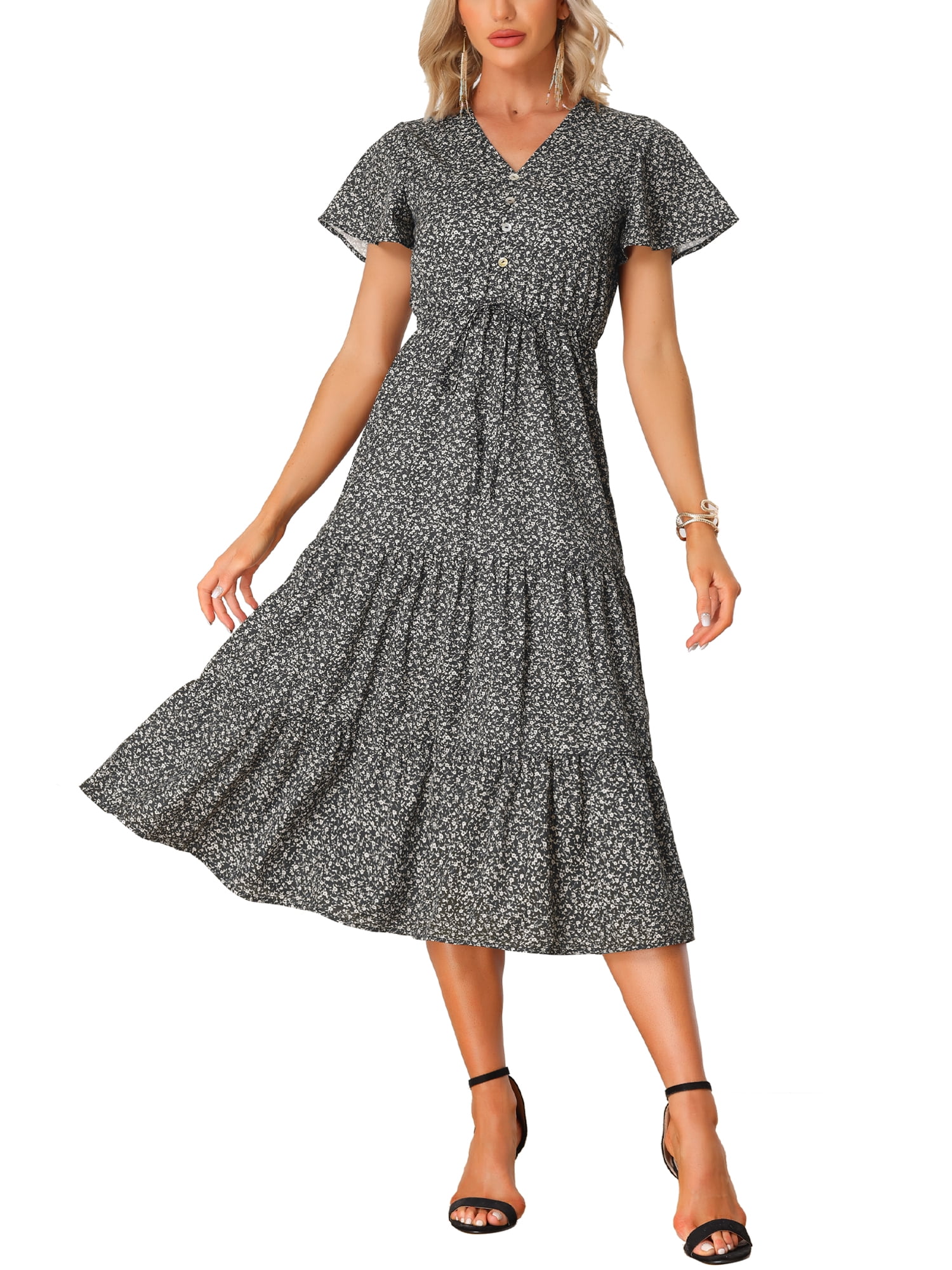 Allegra K Women's Summer Boho Casual Short Sleeve V Neck Tie Floral ...