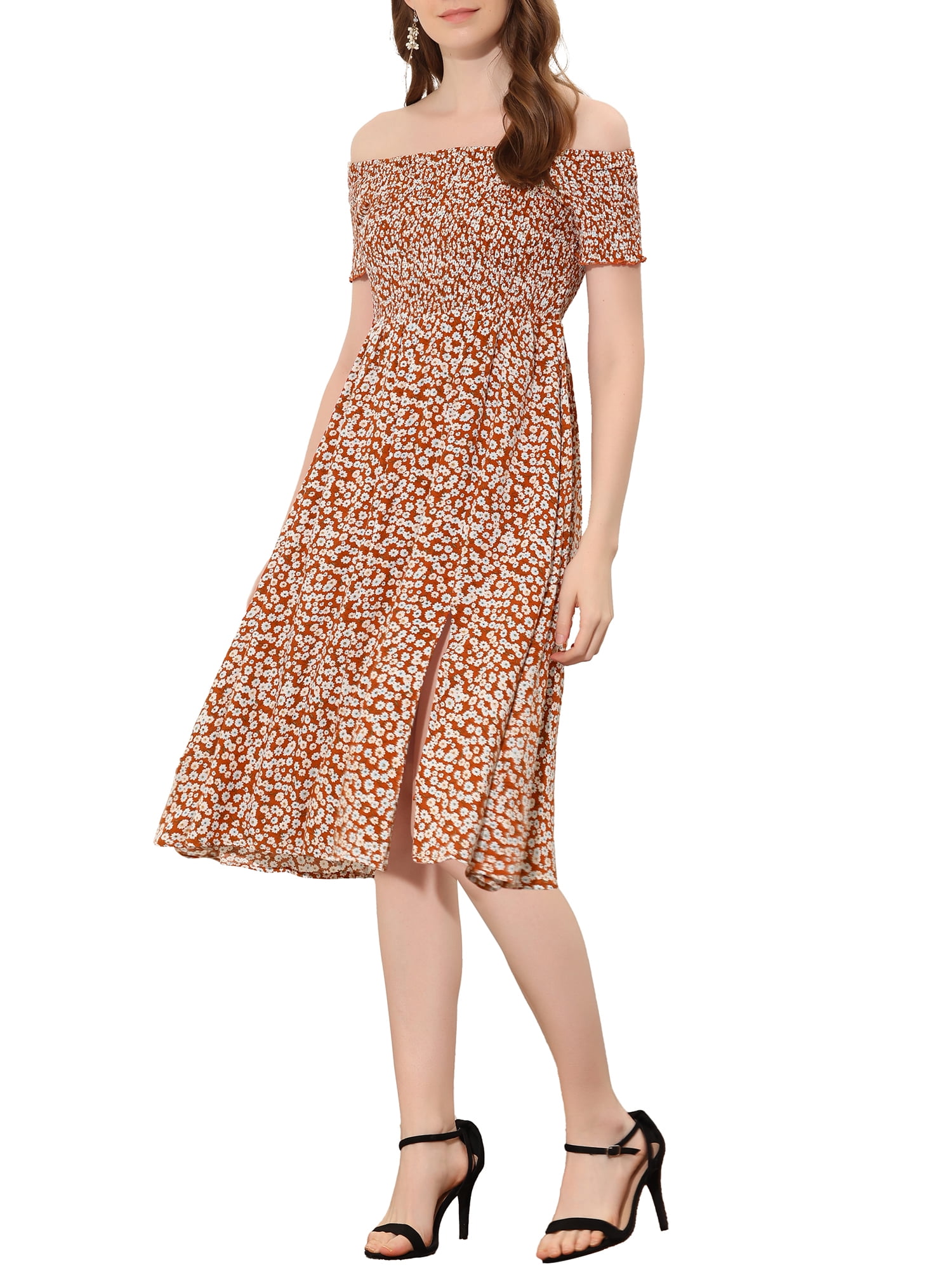 INSPIRE CHIC Women's Summer Boho Floral Print Off Shoulder High Split ...