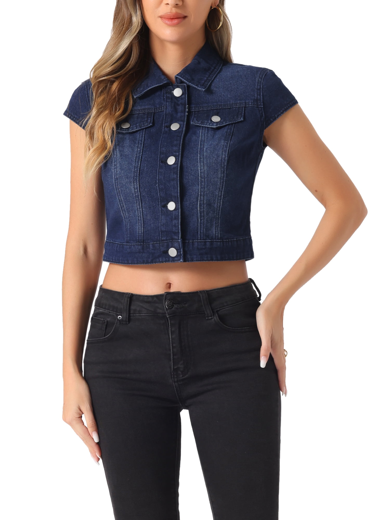 Allegra K Women's Summer Denim Jackets Button Down Short Sleeve Cropped ...