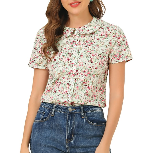 ATHLECHIC Women's Summer Peter Pan Collar Shirts Button Front Vintage Floral Blouse Top L Cream ...