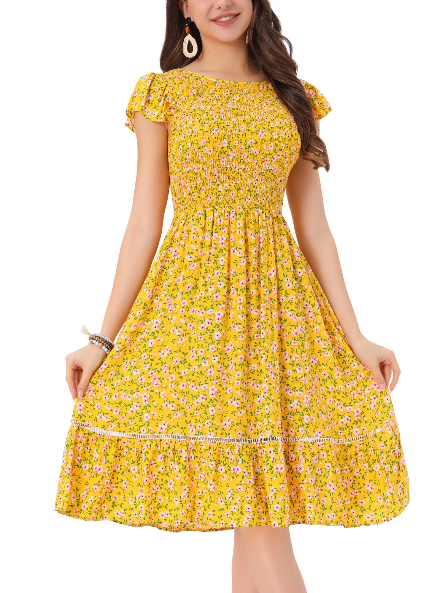 INSPIRE CHIC Women's Floral Midi Sundress, Smocked Fit and Flare ...