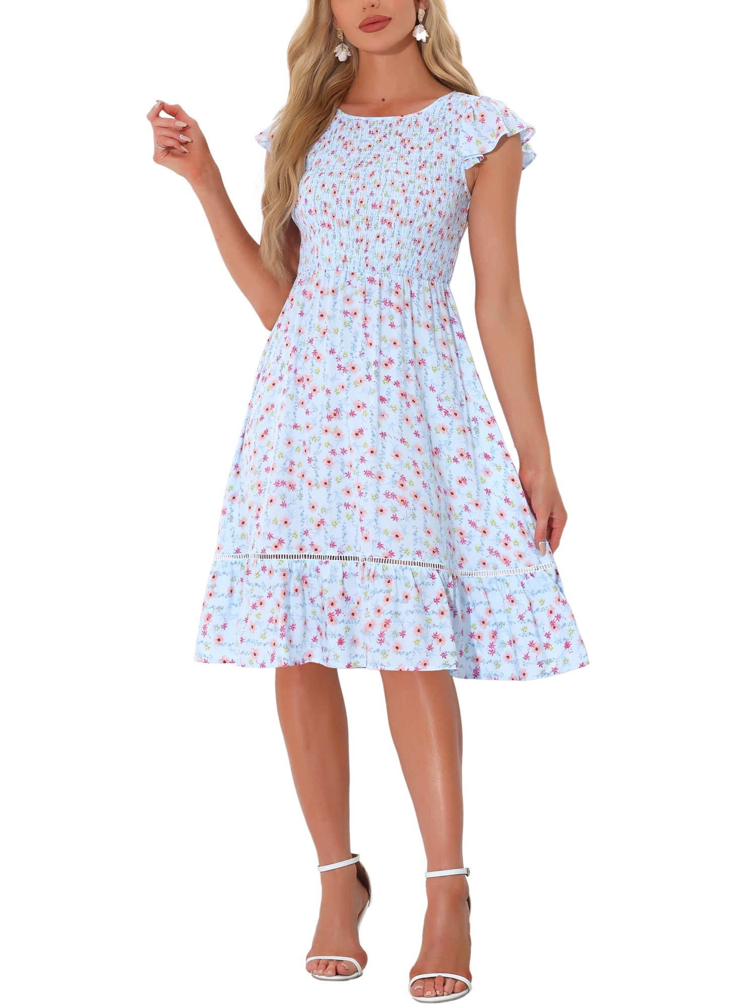 Allegra K Women's Floral Print Smocked Summer Sundress with Cap Sleeves ...