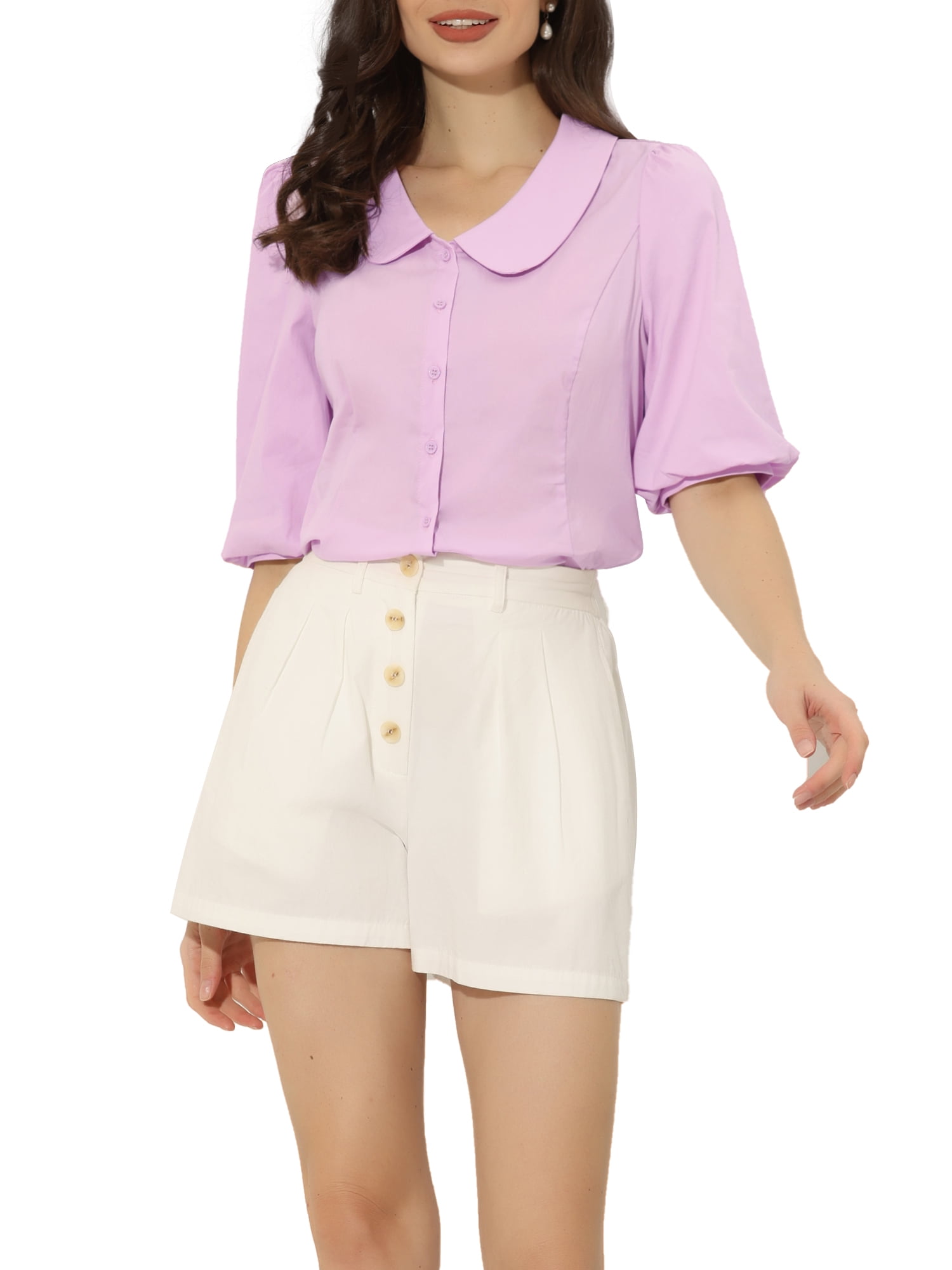 INSPIRE CHIC Women's Sweet Short Bubble Sleeve Blouse Peter Pan Collar ...