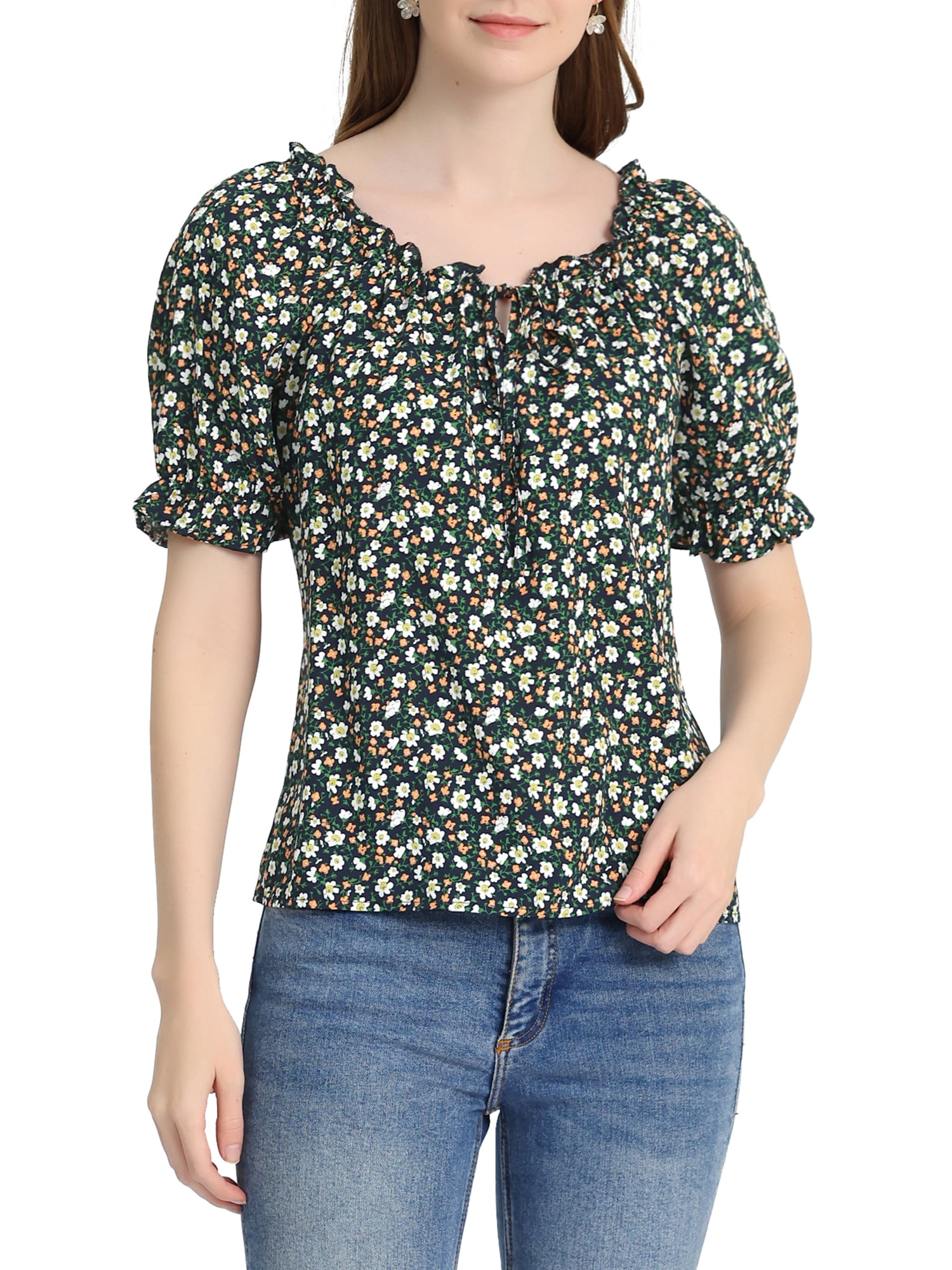 INSPIRE CHIC Women's Sweetheart Neck Raglan Sleeve Retro Ruffle Floral ...