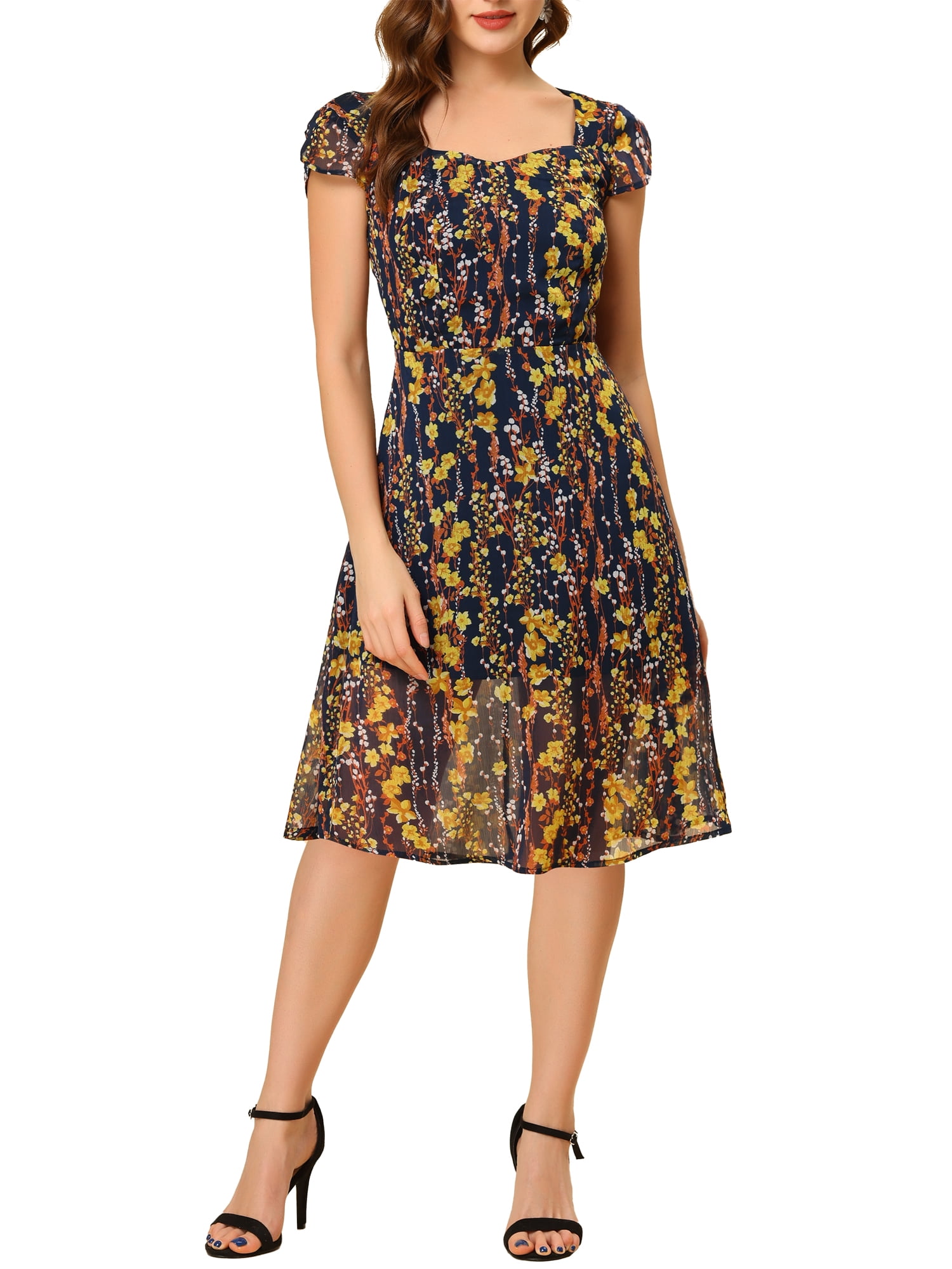 INSPIRE CHIC Women's Sweetheart Neck Smocked Cap Sleeve Floral Mid ...