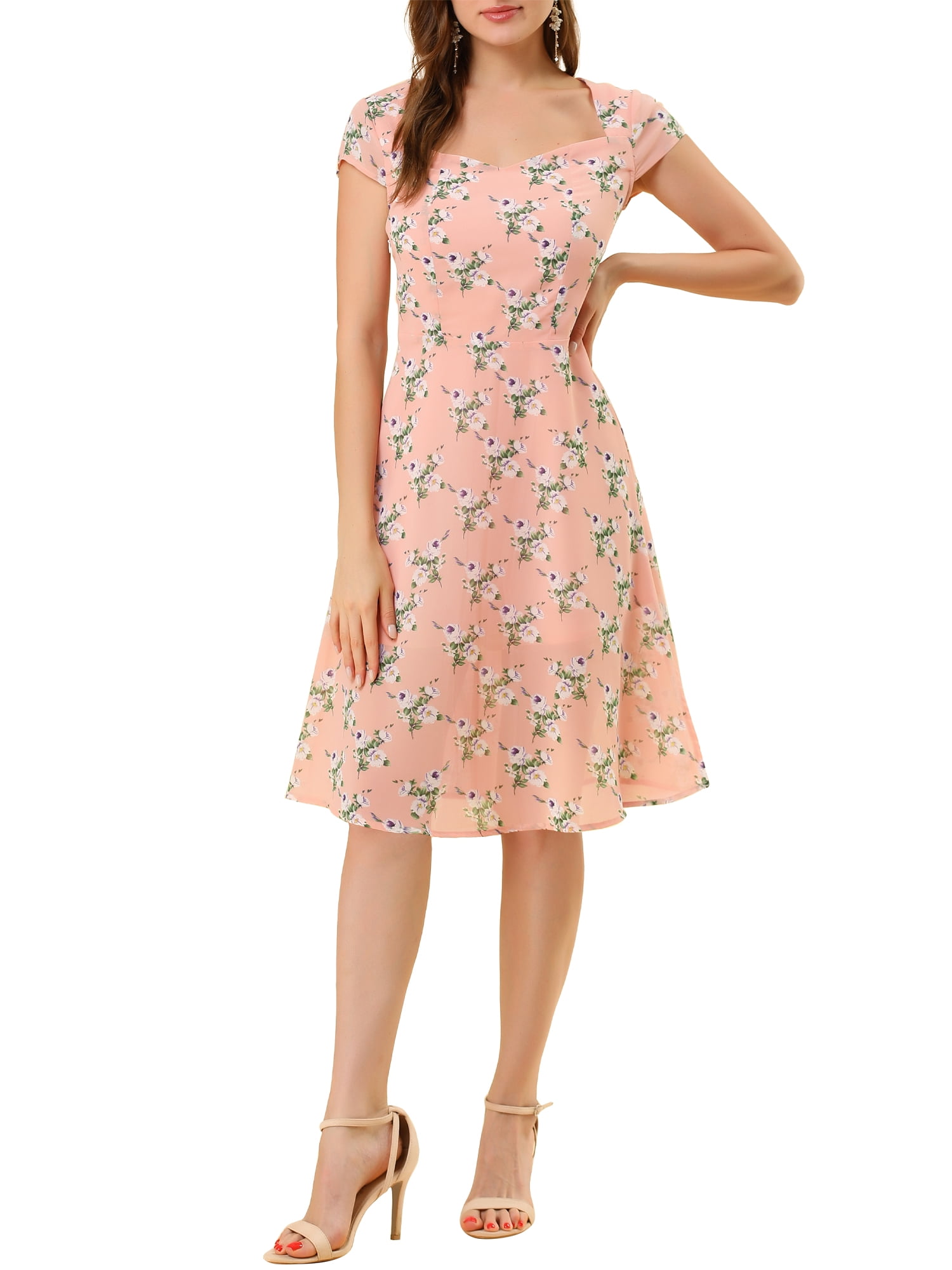 Allegra K Women's Sweetheart Neck Smocked Cap Sleeve Floral Mid Length ...