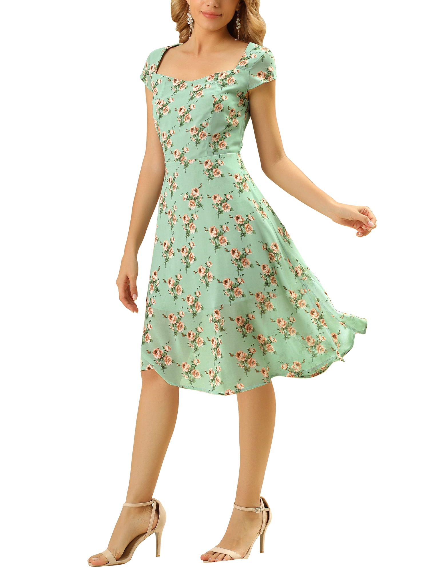 Allegra K Women's Sweetheart Neck Smocked Cap Sleeve Floral Mid Length ...