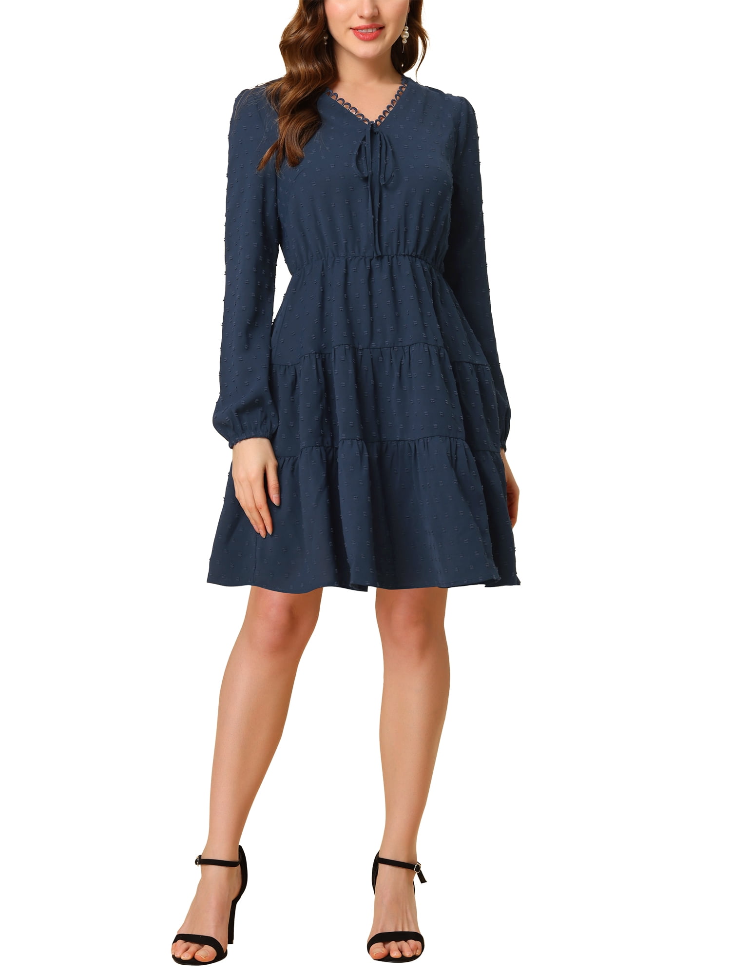 Allegra K Women's Swiss Dots Deep V Neck Puff Cuff Tiered Swing Mini ...