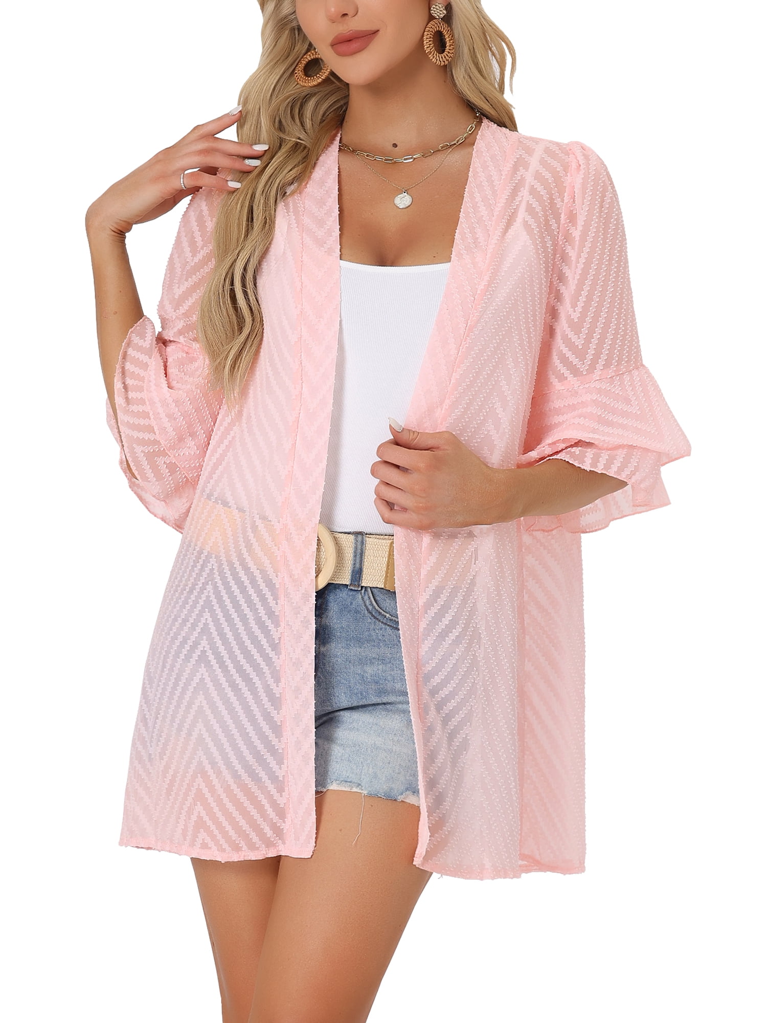 Allegra K Women's Swiss Dots Short Bell Sleeves Summer Beach Cover Up ...