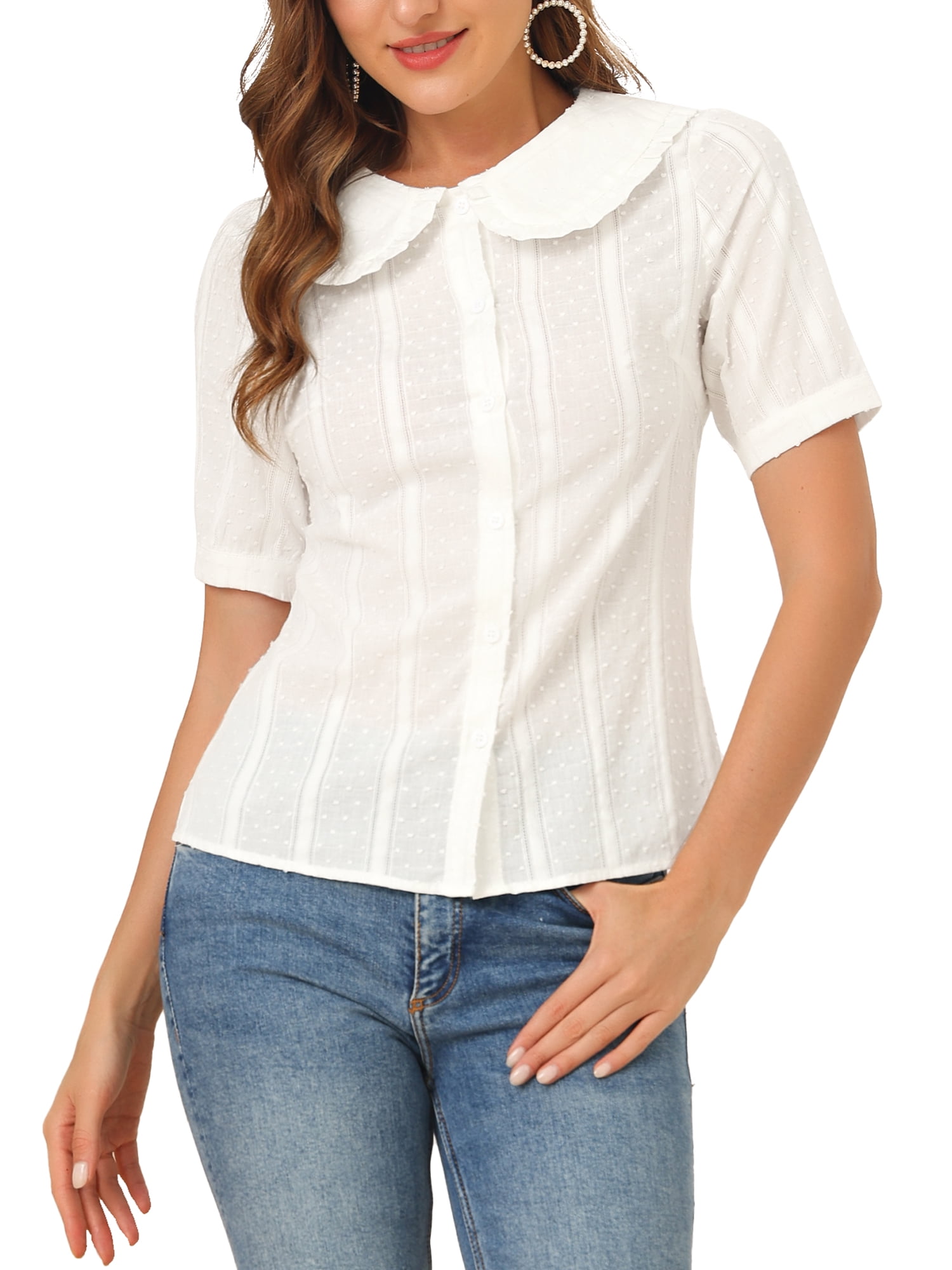 Allegra K Women's Swiss Dots Short Sleeves Button Front Shirt Peter Pan ...