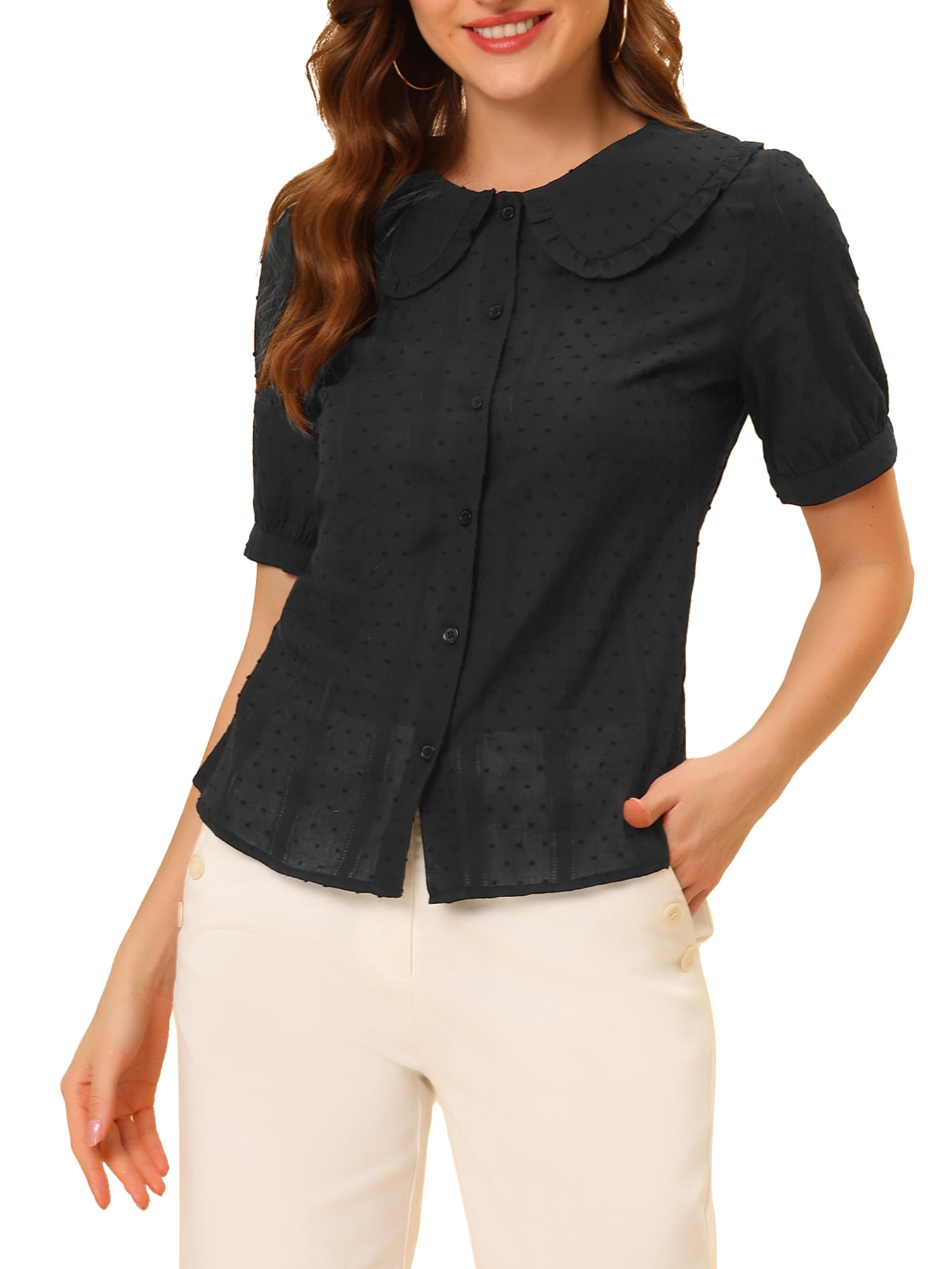 INSPIRE CHIC Women's Swiss Dots Short Sleeves Button Front Shirt Peter ...