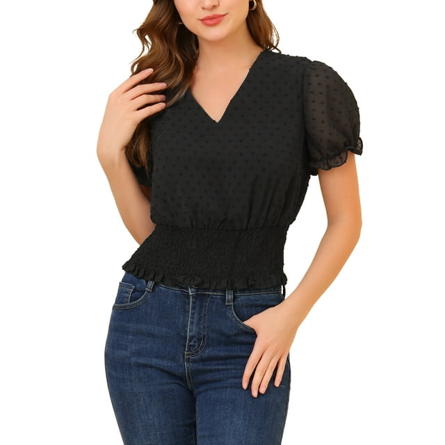 Allegra K Women's Swiss Dots V Neck Puff Sleeve Smocked Waist Tops - Walmart.com