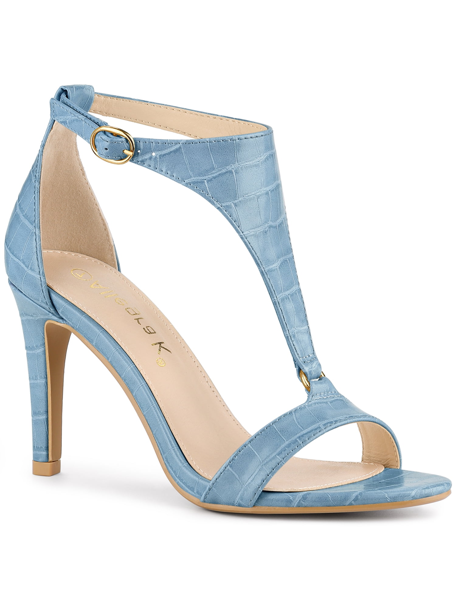 BLISSFUL STEP Women's T Strap Open Toe Stiletto Heel Sandals Blue 8.5 ...