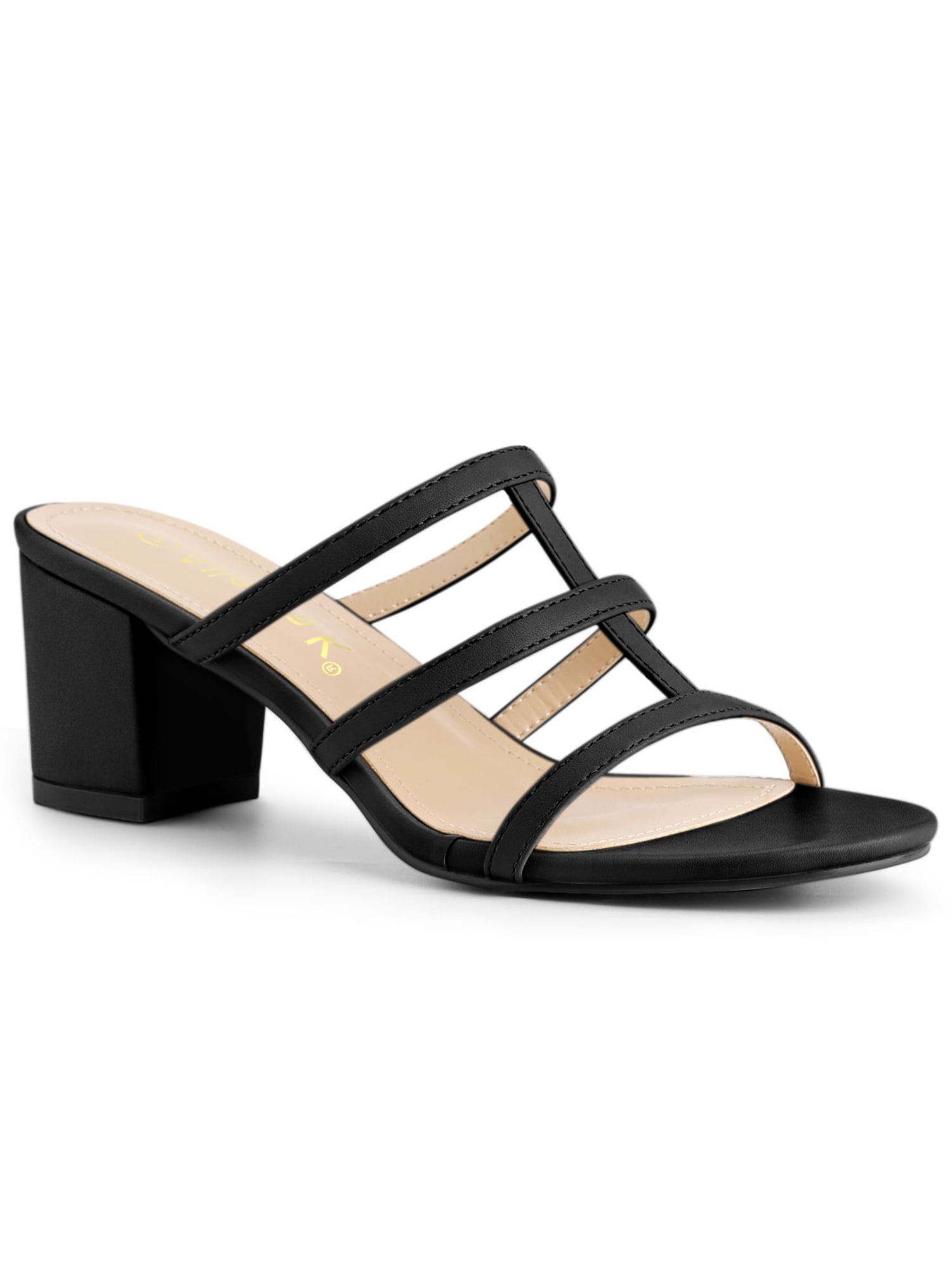BLISSFUL STEP Women's T Straps Block Heels Slip On Slides Sandals Black ...