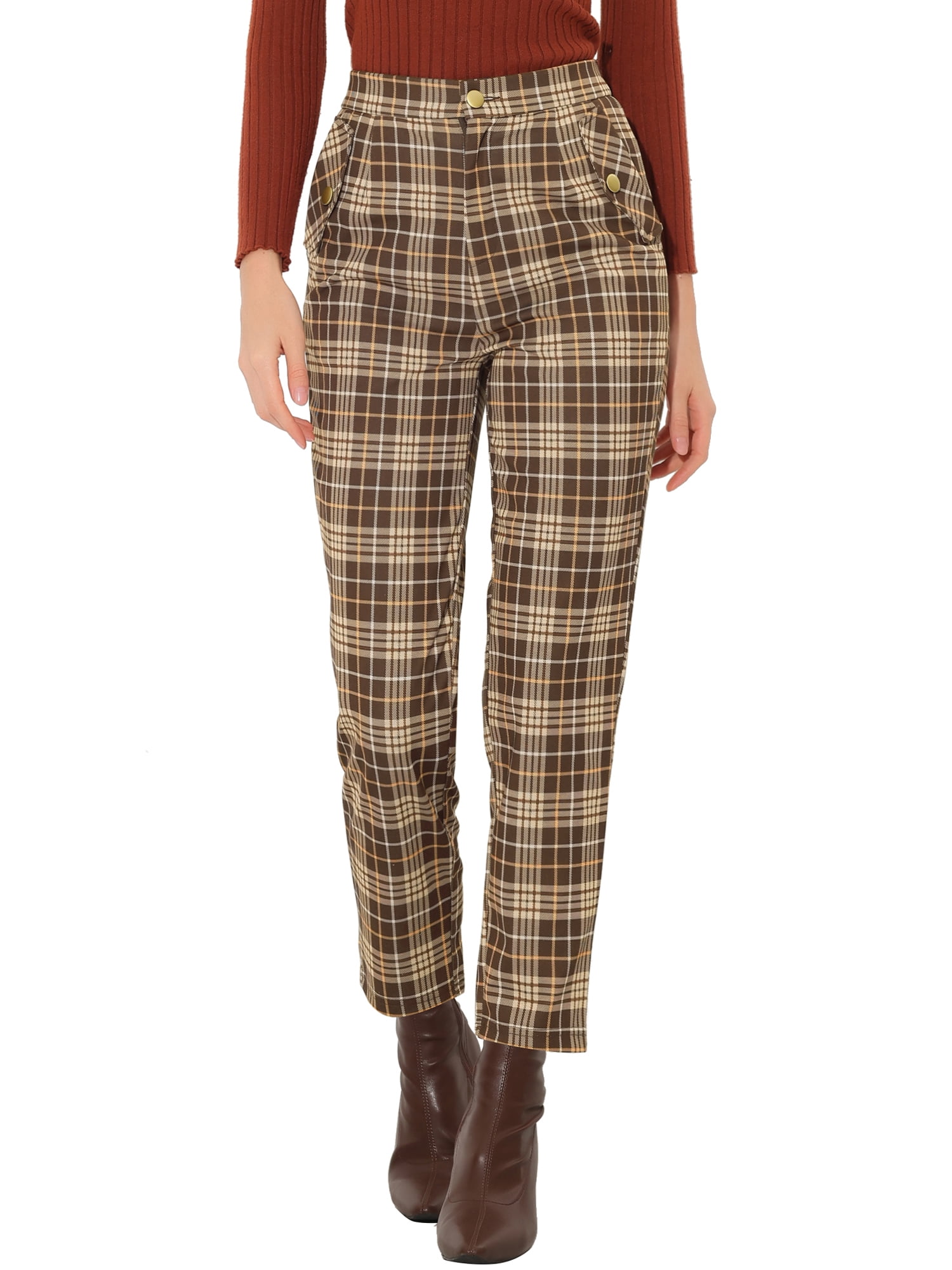 INSPIRE CHIC Women's Tartan Plaid Pants Elastic High Waist Straight ...