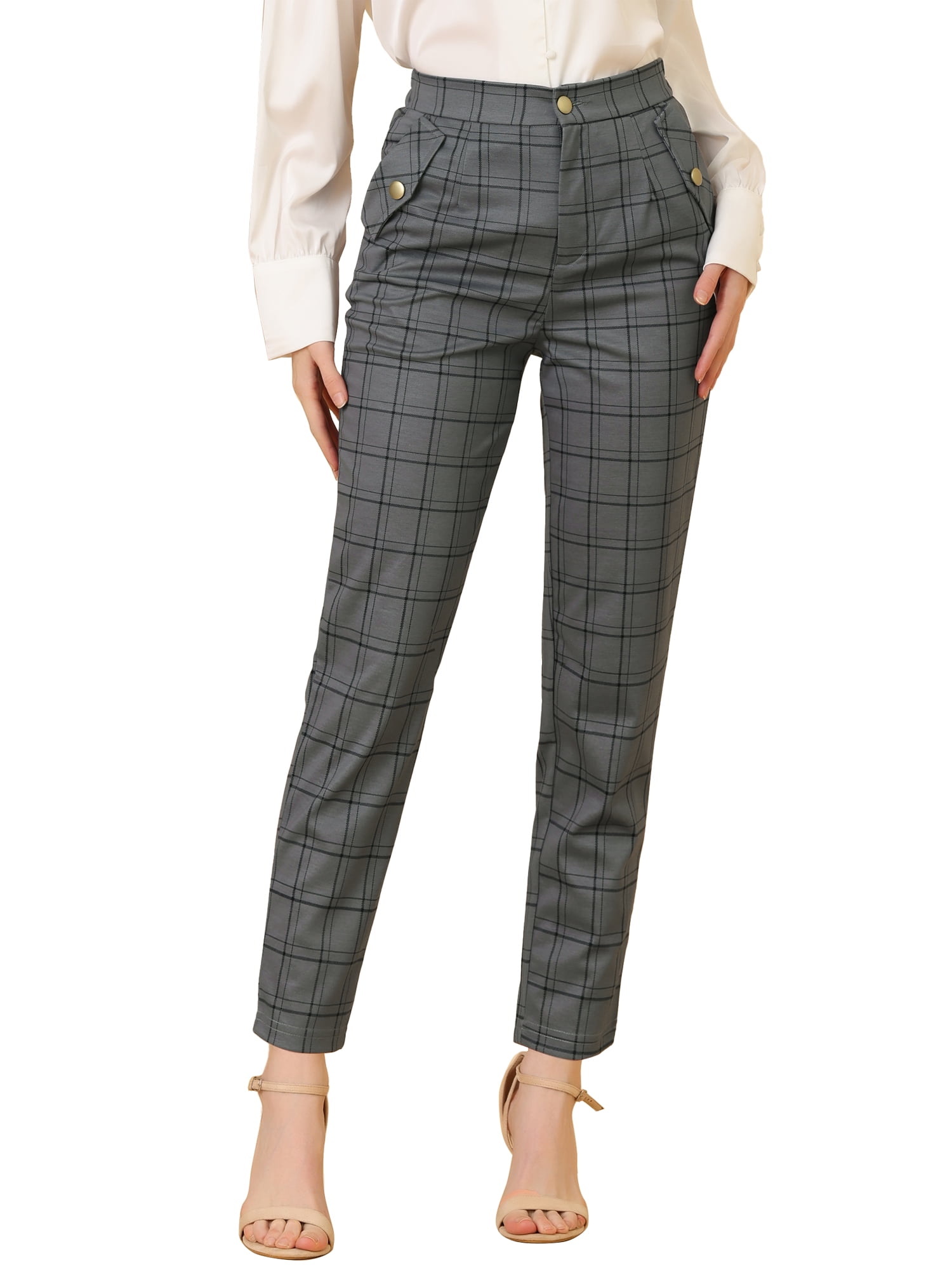 Allegra K Women's Elastic High Waist Tartan Plaid Straight Long Pants ...