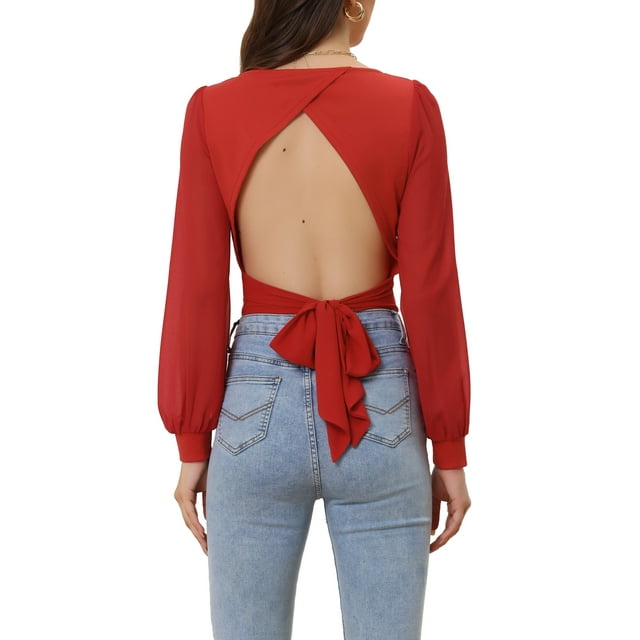 Allegra K Womens Tie Back Tops Long Sleeve Banded Cuff Sexy Sweetheart