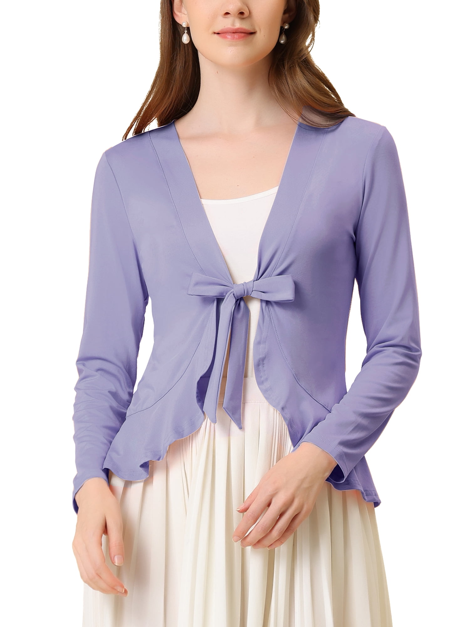 INSPIRE CHIC Women's Tie Front Long Sleeve Ruffled Hem Open Front Knit ...