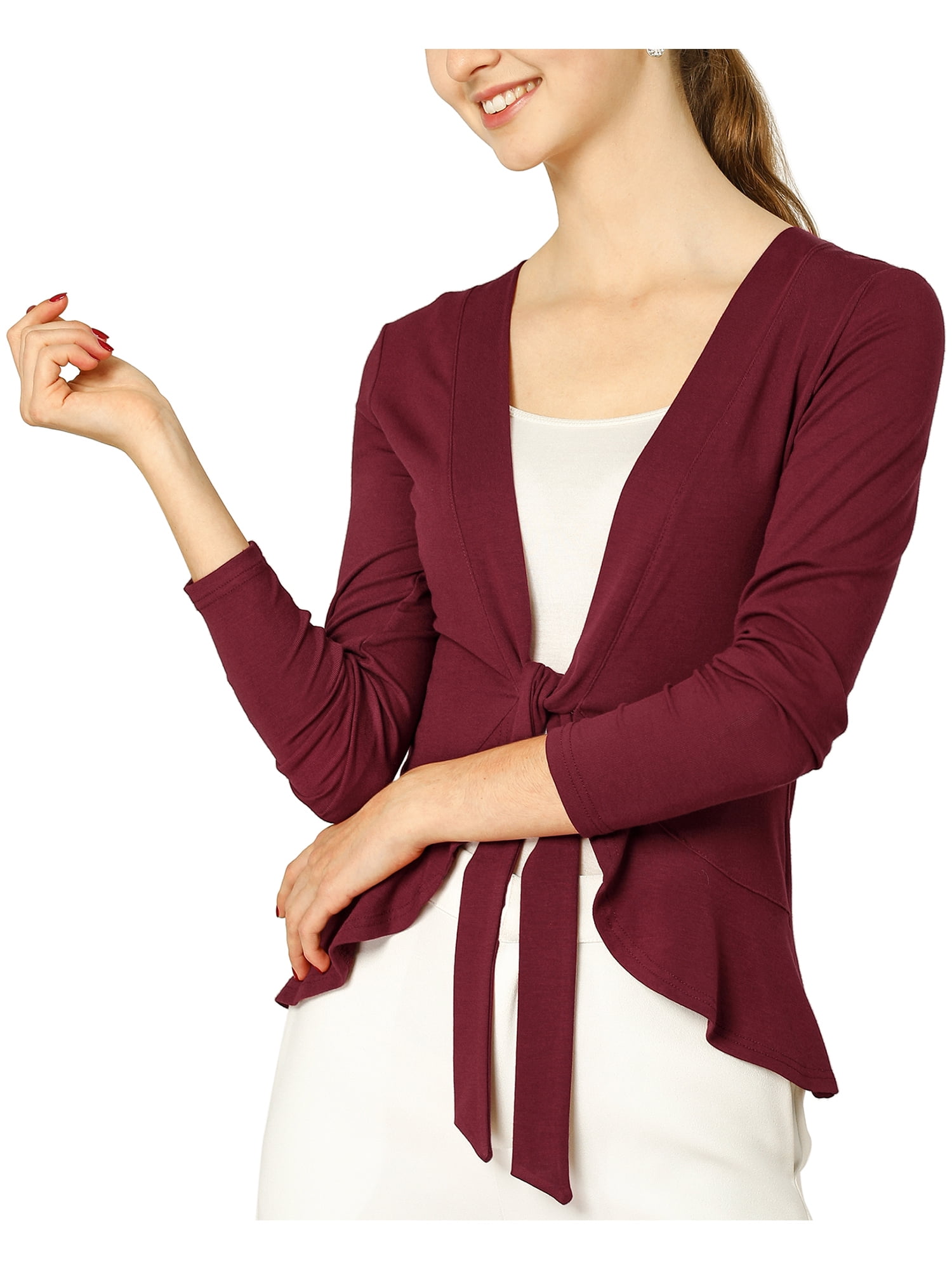 INSPIRE CHIC Women's Tie Front Long Sleeve Ruffled Hem Open Front Knit ...