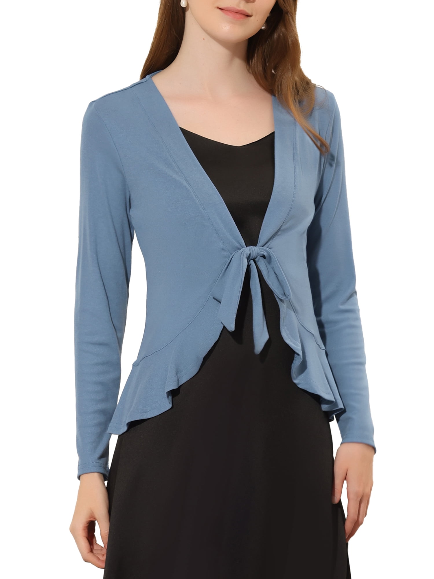 Allegra K Women's Tie Front Cardigan Dressy Ruffled Long Sleeve Open ...