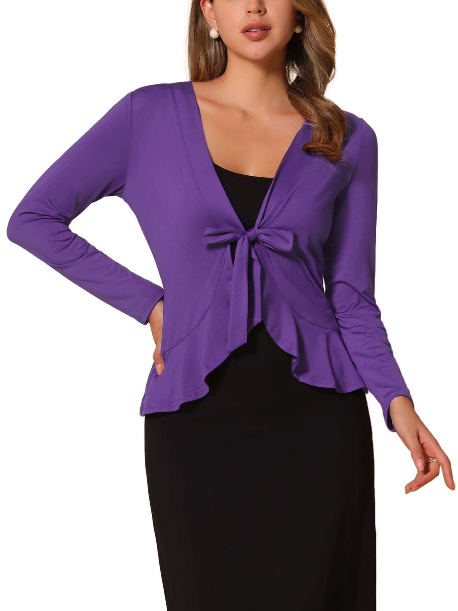 INSPIRE CHIC Women's Tie Front Cardigan Dressy Ruffled Long Sleeve Open ...