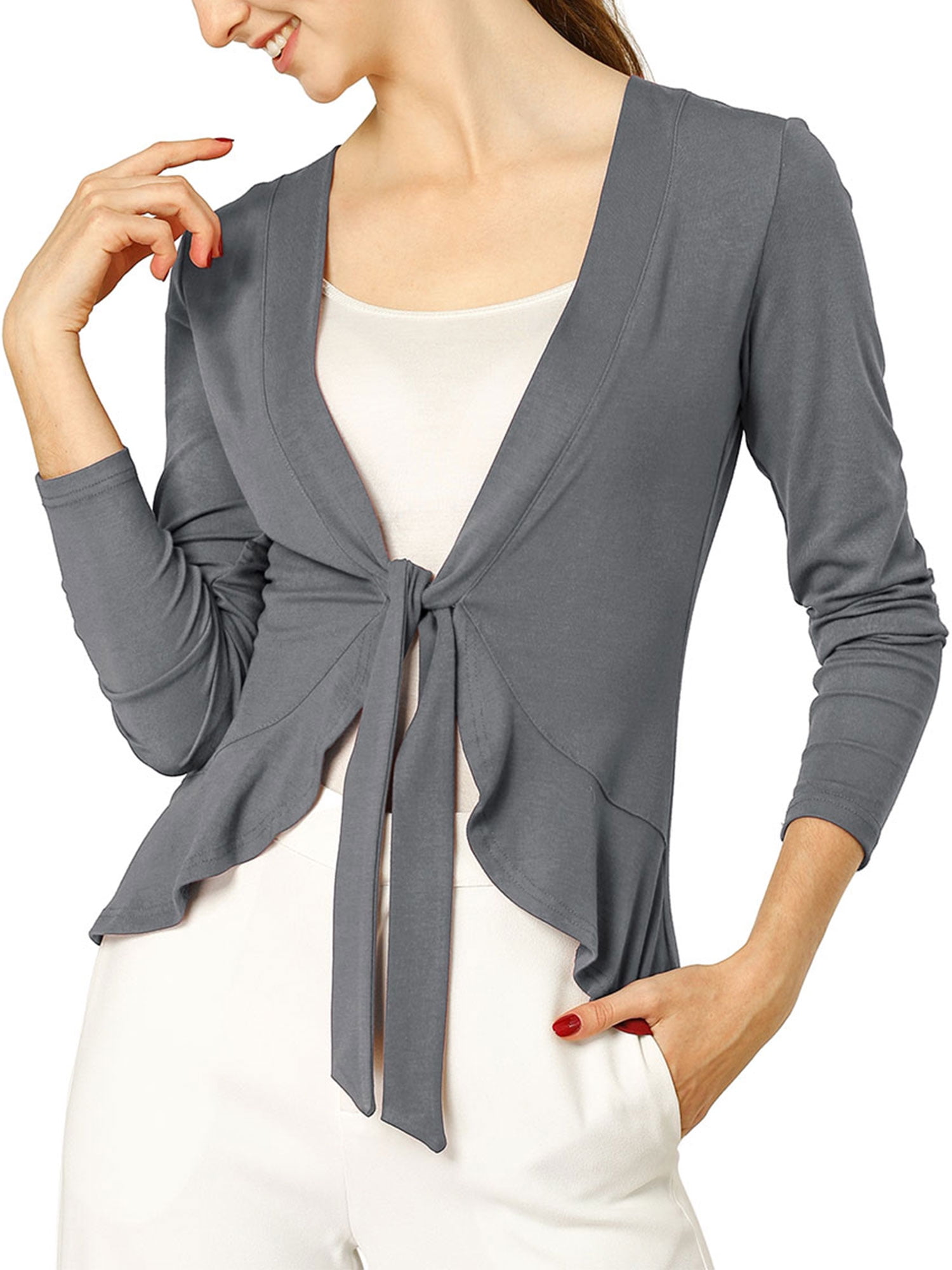 INSPIRE CHIC Women's Tie Front Cardigan Dressy Ruffled Long Sleeve Open ...