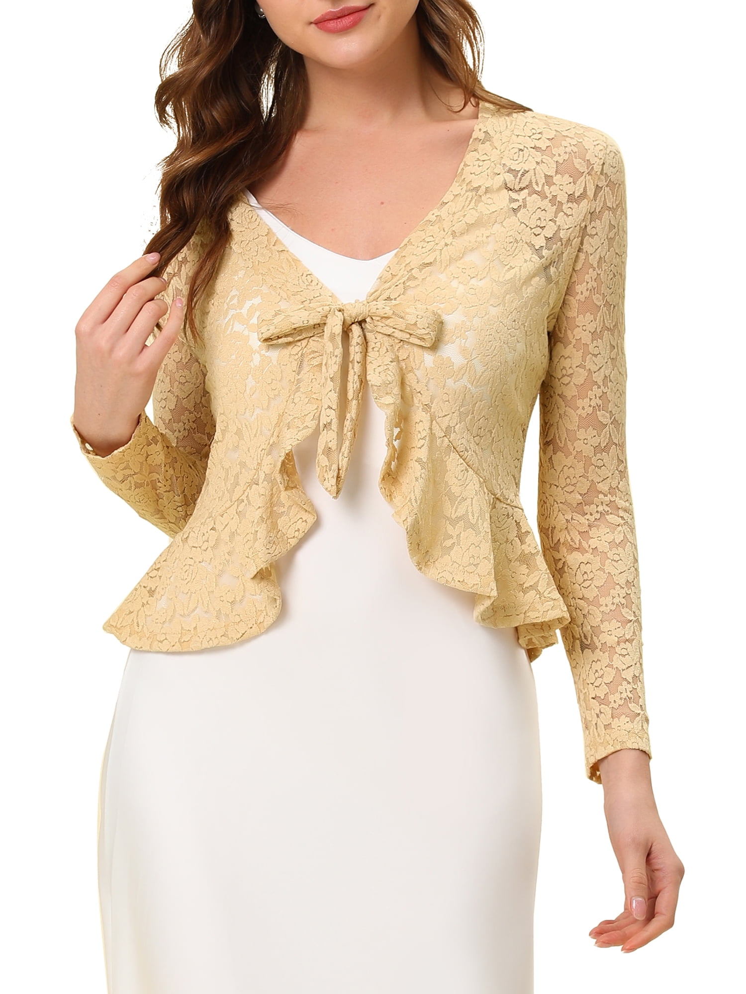 INSPIRE CHIC Women's Floral Lace Cardigans Tie Front Ruffled Hem Sheer ...