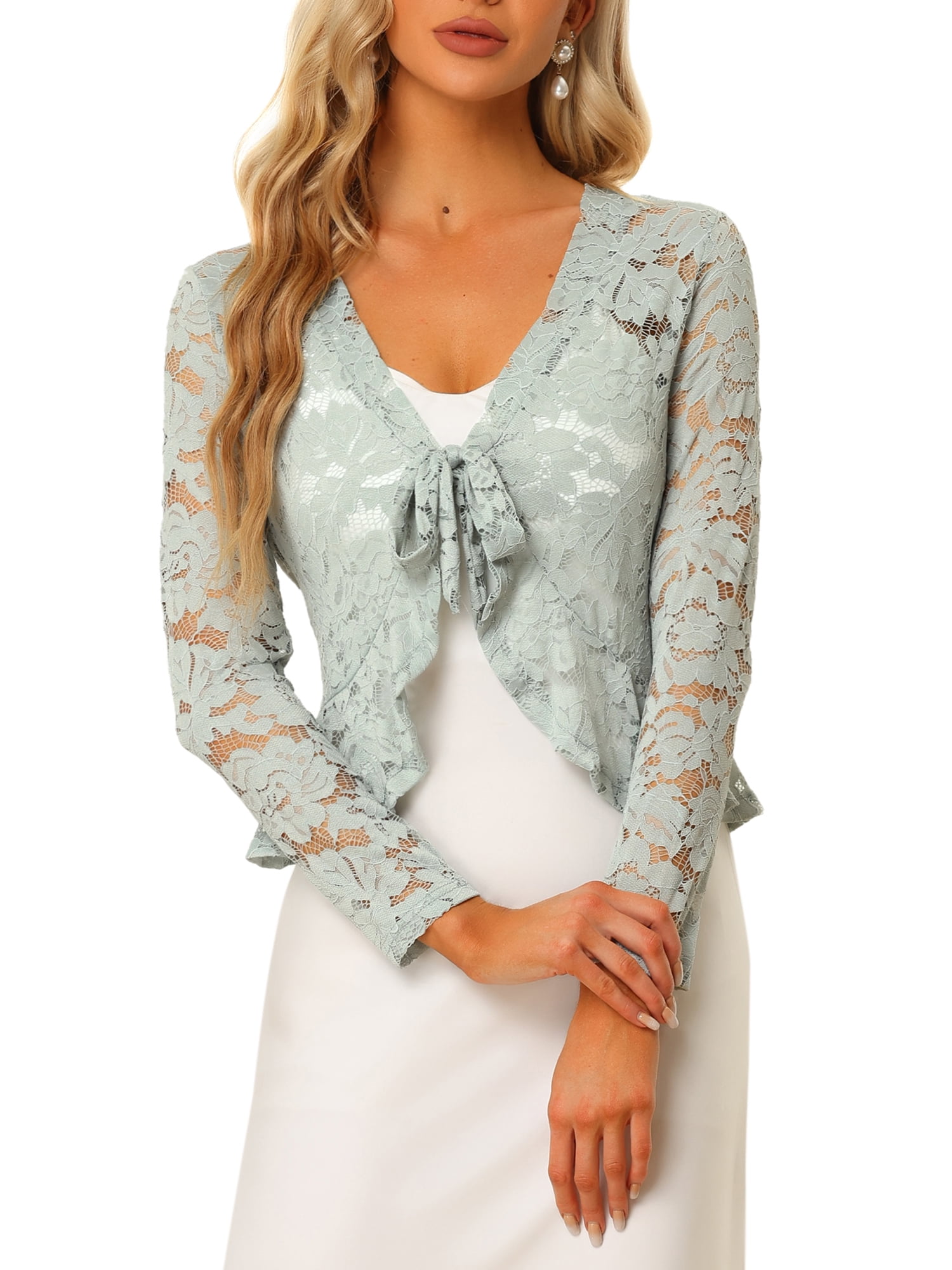 INSPIRE CHIC Women's Floral Lace Cardigans Tie Front Ruffled Hem Sheer ...