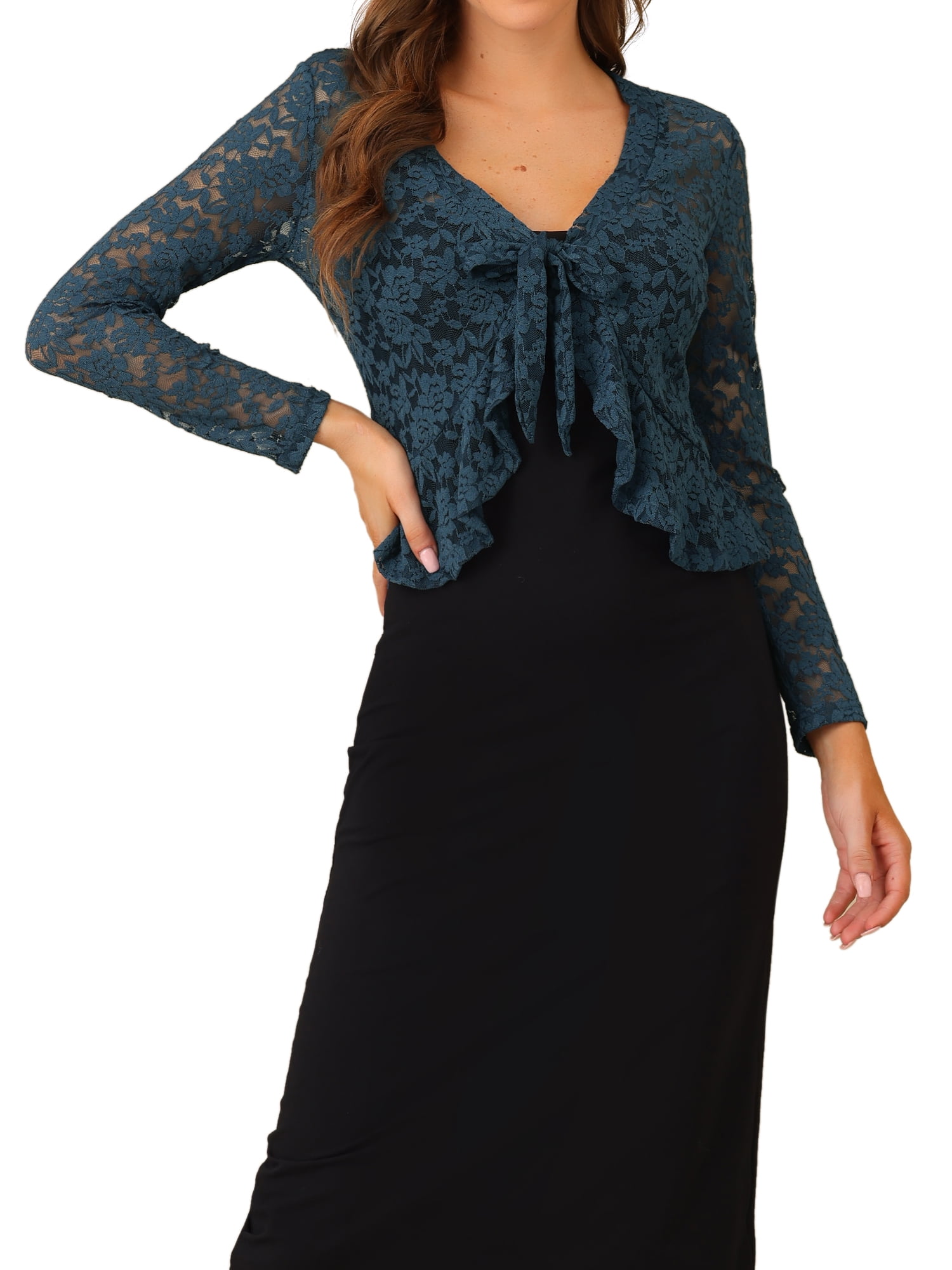 INSPIRE CHIC Women's Floral Lace Cardigans Tie Front Ruffled Hem Sheer ...