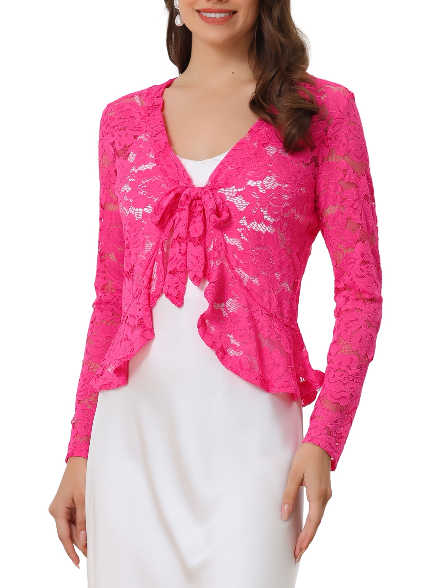 INSPIRE CHIC Women's Floral Lace Cardigans Tie Front Ruffled Hem Sheer ...