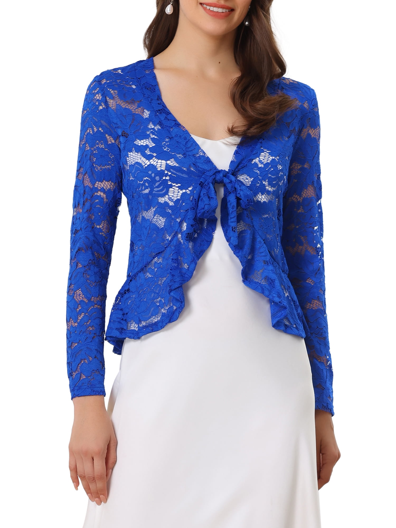 INSPIRE CHIC Women's Floral Lace Cardigans Tie Front Ruffled Hem Sheer ...