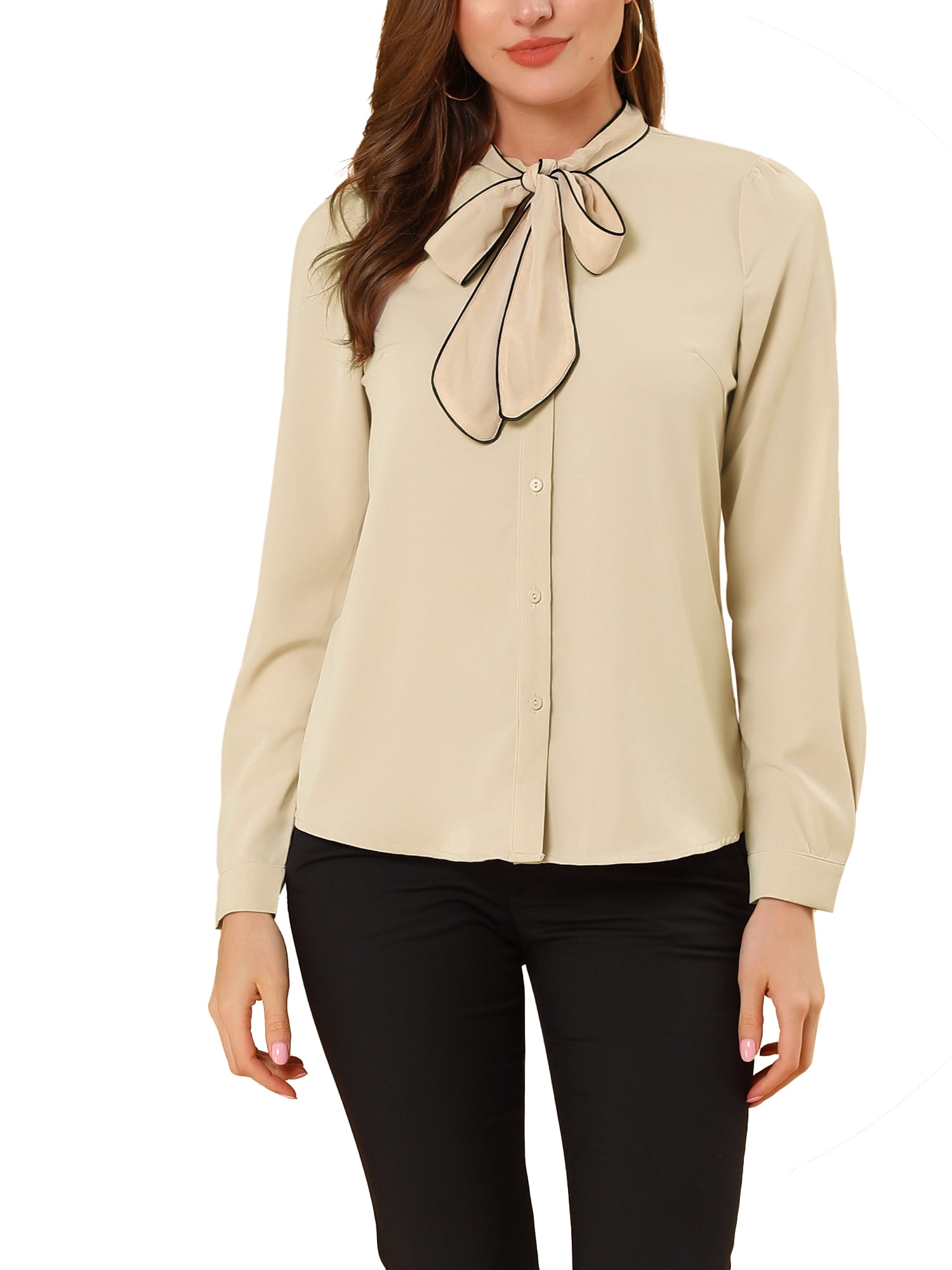 Allegra K Women's Tie Neck Button Down Work Long Sleeves Blouse Shirts ...