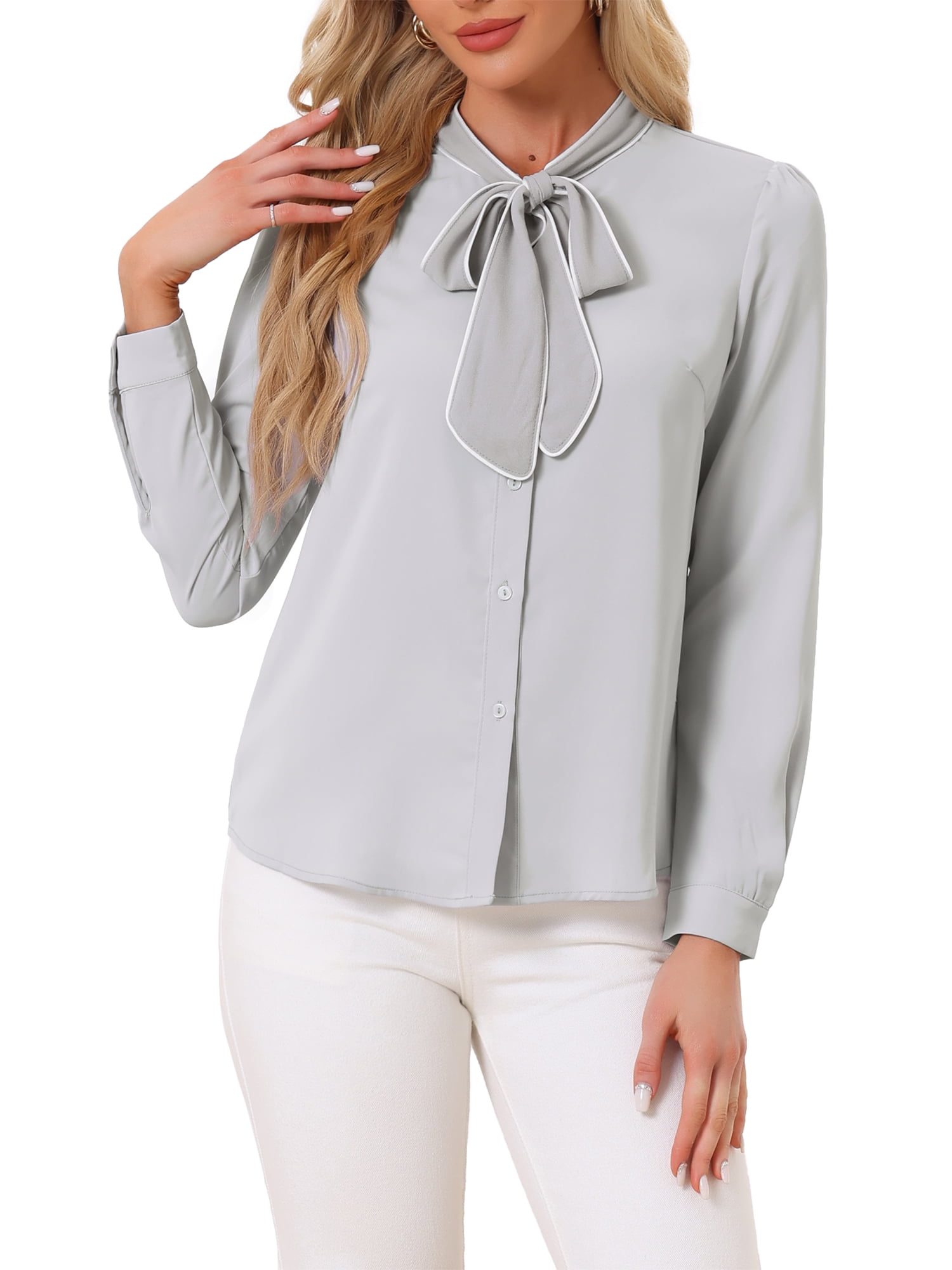 Allegra K Women's Tie Neck Button Down Work Long Sleeves Blouse Shirts ...