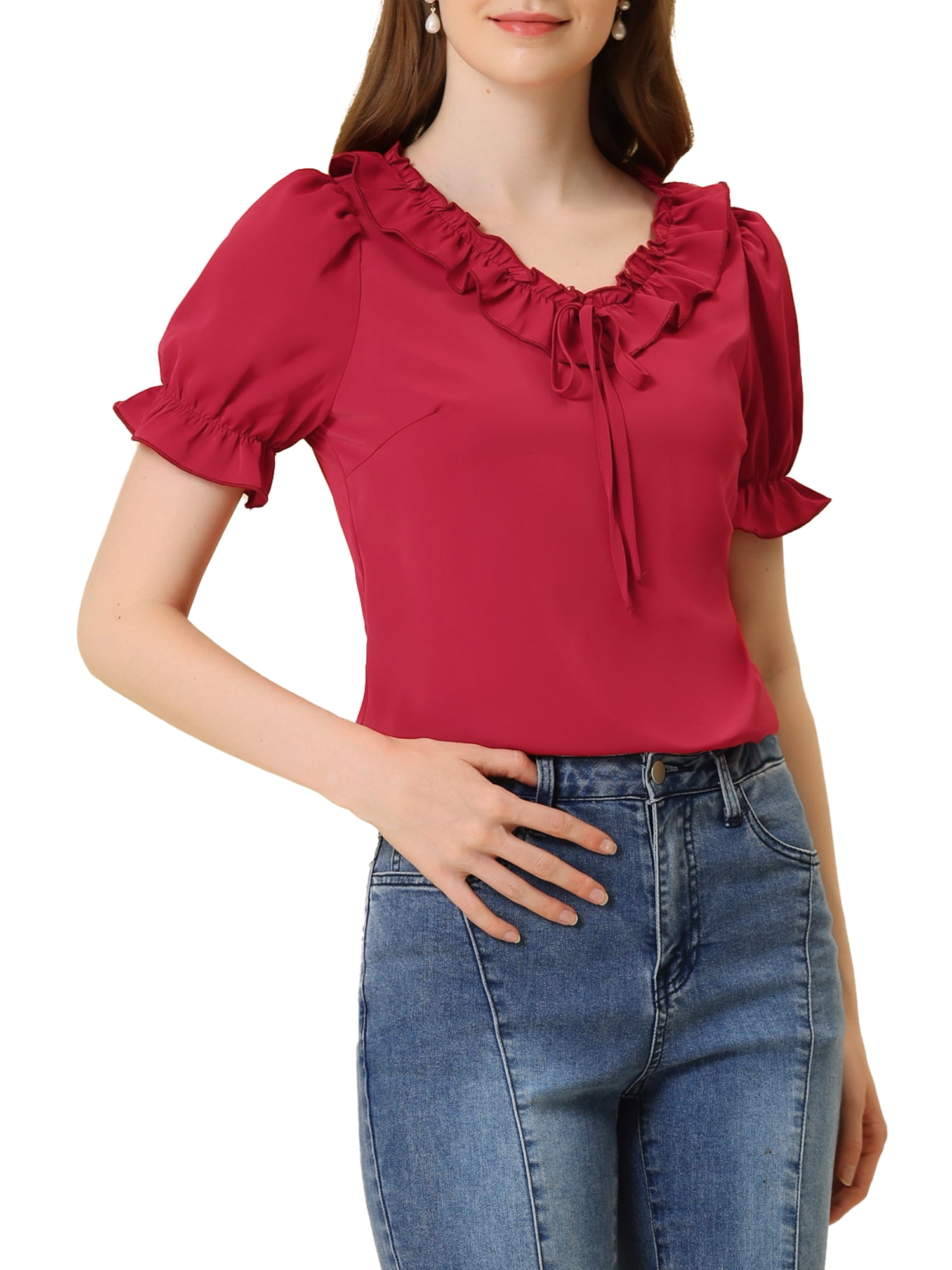 Allegra K Women's Tie Neck Ruffle Neck Blouse Puff Sleeve Ruffle Cuff ...