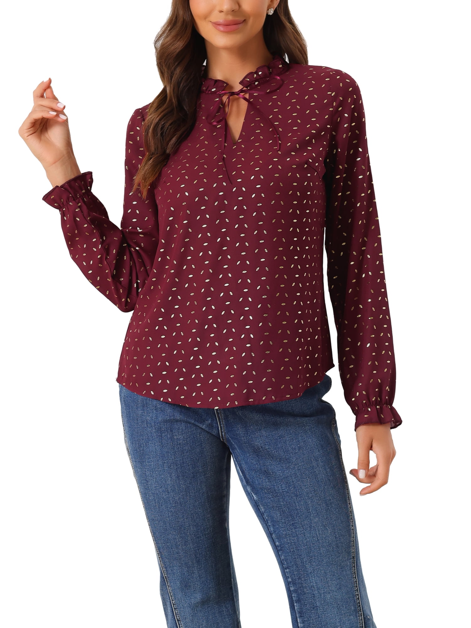 Allegra K Women's Tie Ruffled Neck Blouse Long Sleeves Tops - Walmart.com