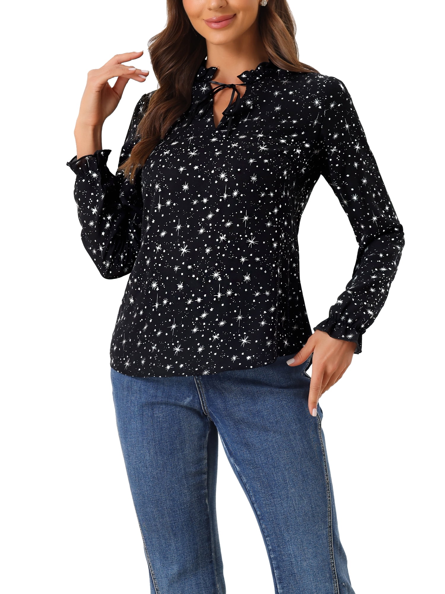 INSPIRE CHIC Women's Tie Ruffled Neck Blouse Long Sleeves Tops XS Black ...