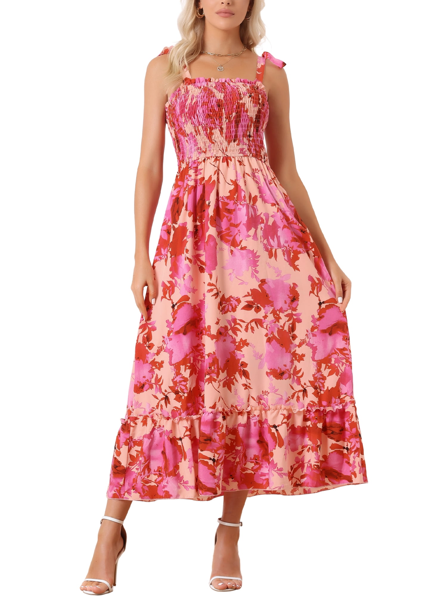 Allegra K Women's Tie Straps Sleeveless Smocked Square Neck Floral Maxi ...