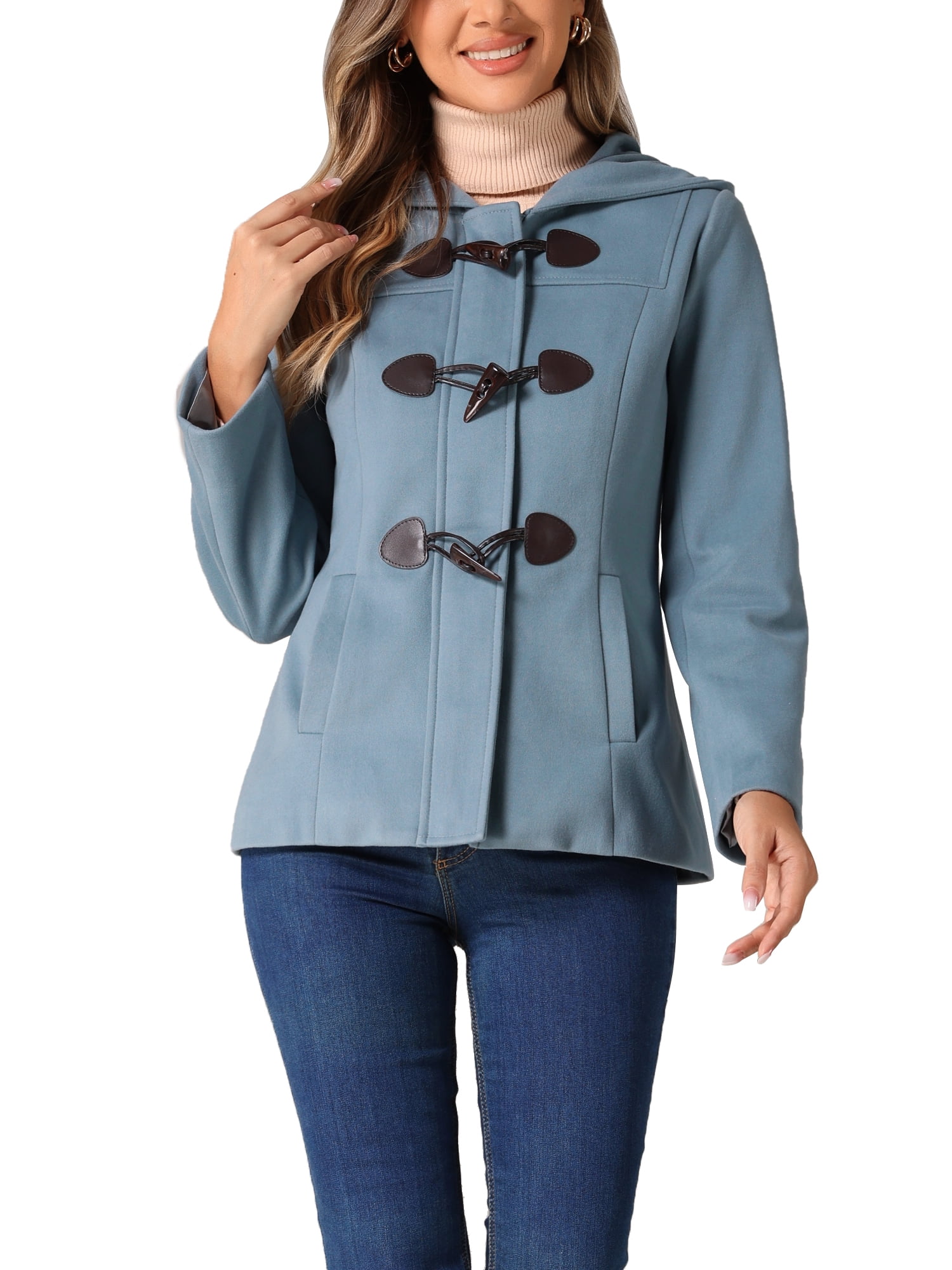INSPIRE CHIC Women's Toggle Duffle Coat Zipper Front Solid Cropped Hooded Anorak XS Gray Blue ...