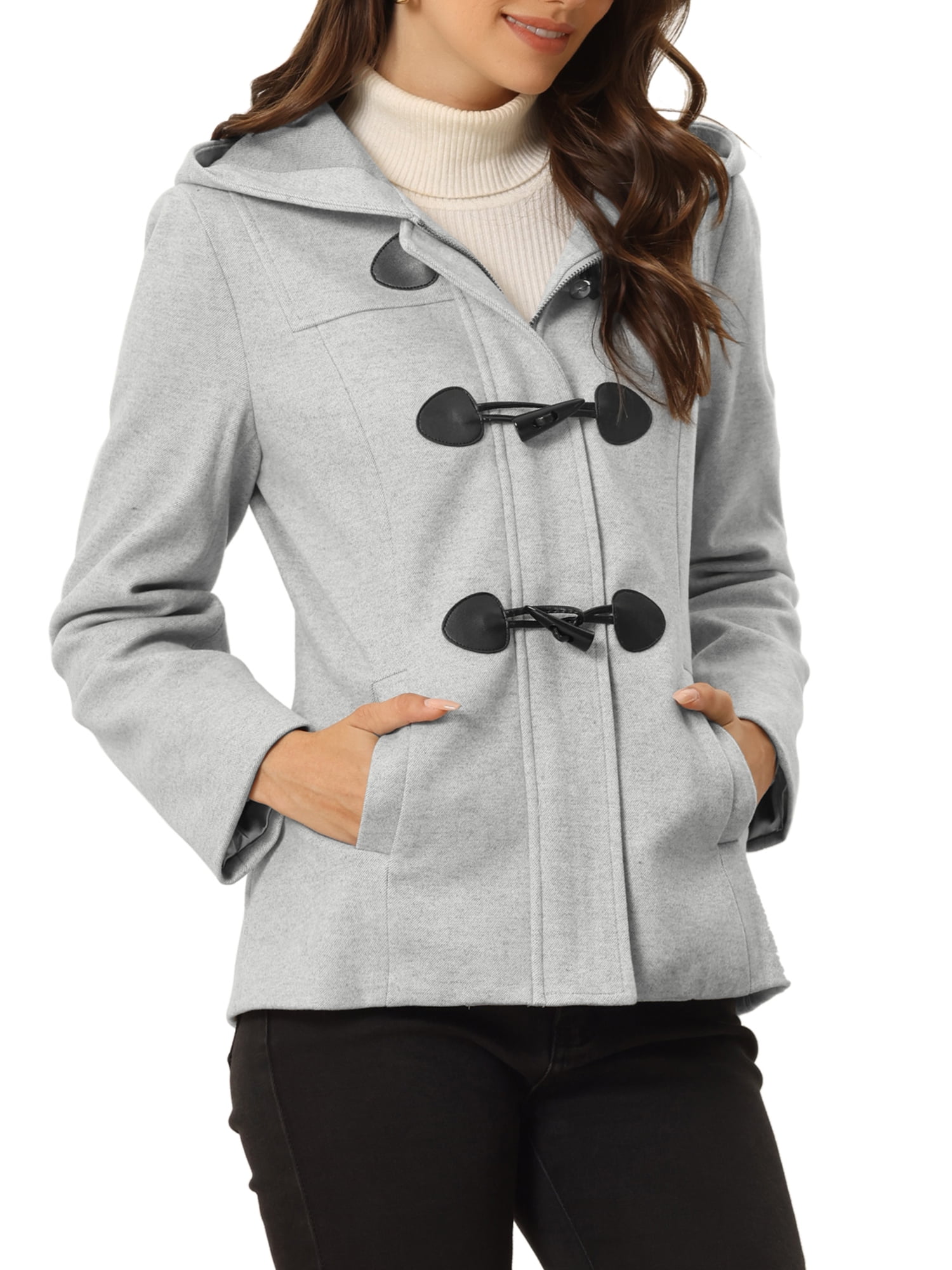 Allegra K Women's Toggle Duffle Coat Zipper Front Solid Cropped Hooded ...